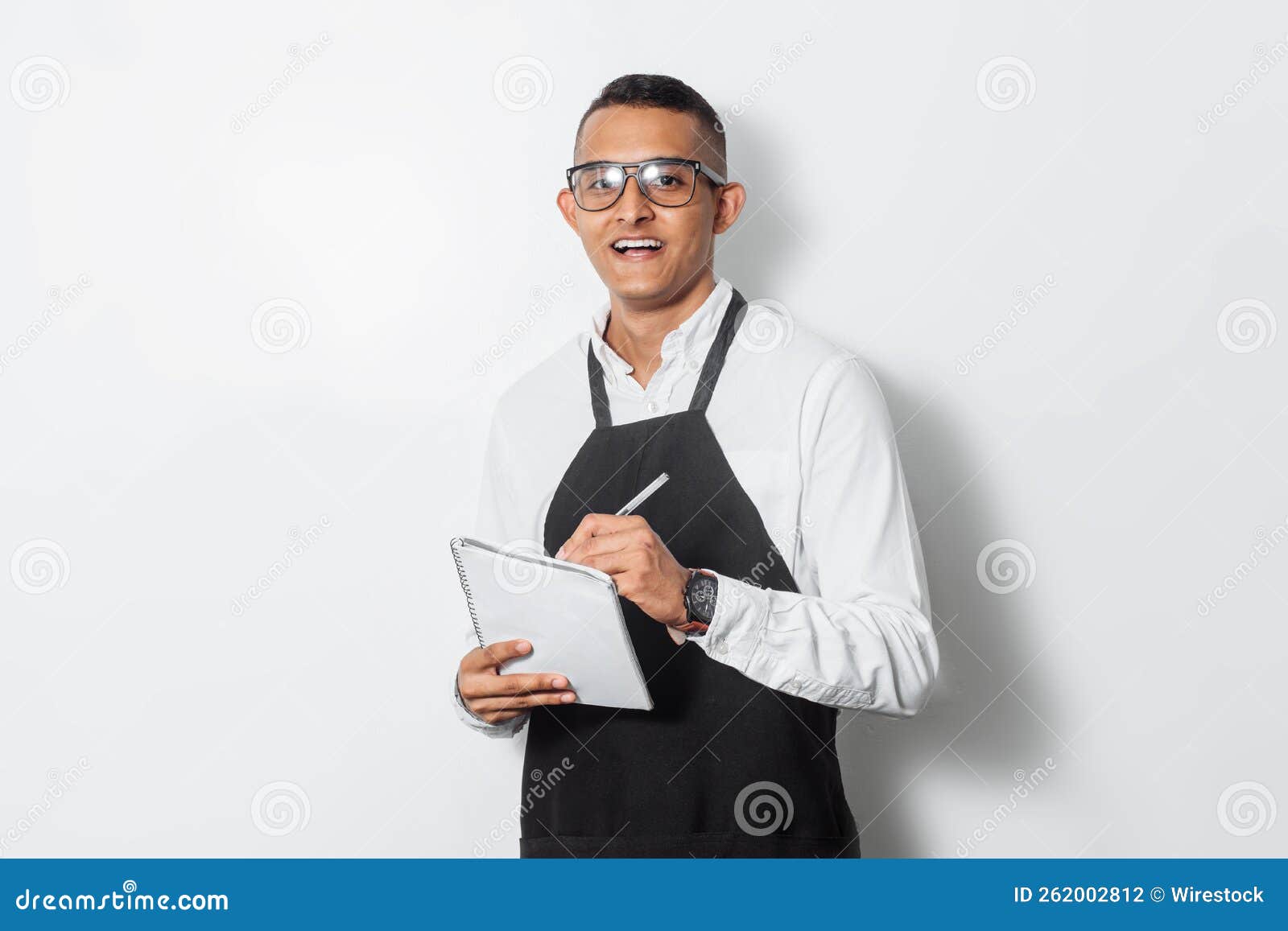 Hispanic Waiter Man Using a Notepad Isolated on White Background Stock ...