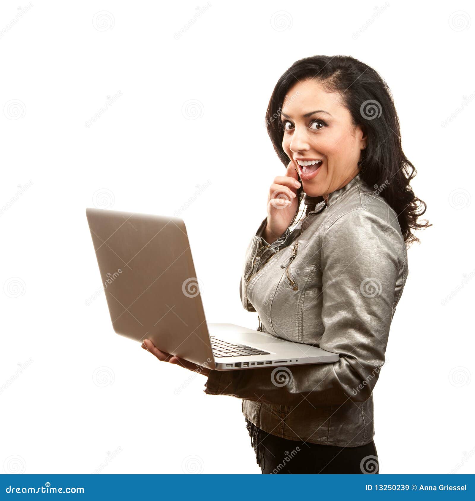 Hispanic Woman with Laptop stock image. Image of jacket - 13250239