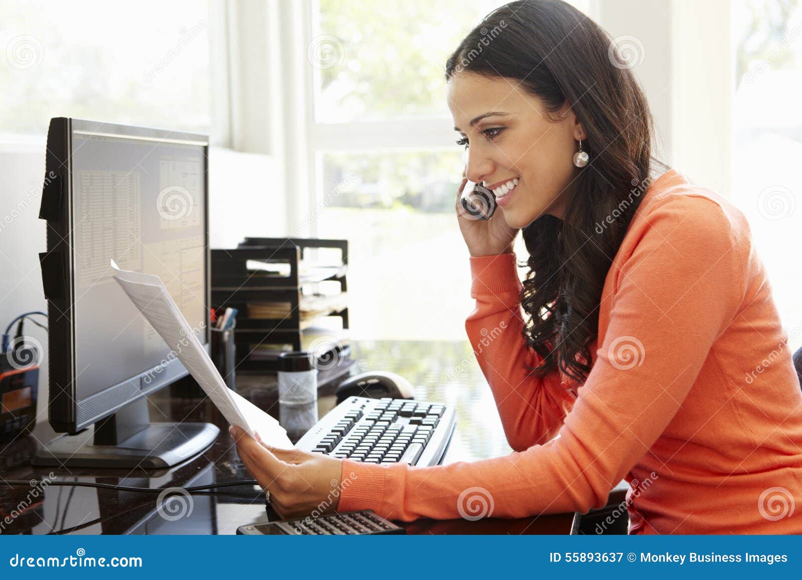 Hispanic Woman Working in Home Office Stock Image - Image of casual ...