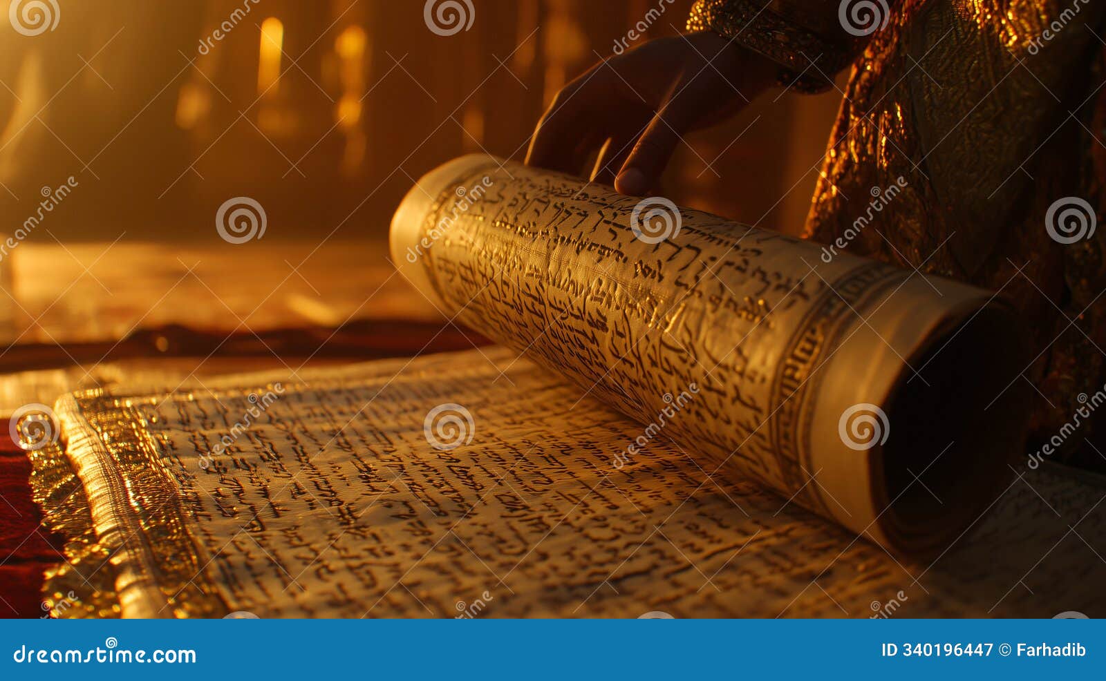 Historian Examining Ancient Arabic Manuscript Scroll With Illuminated ...