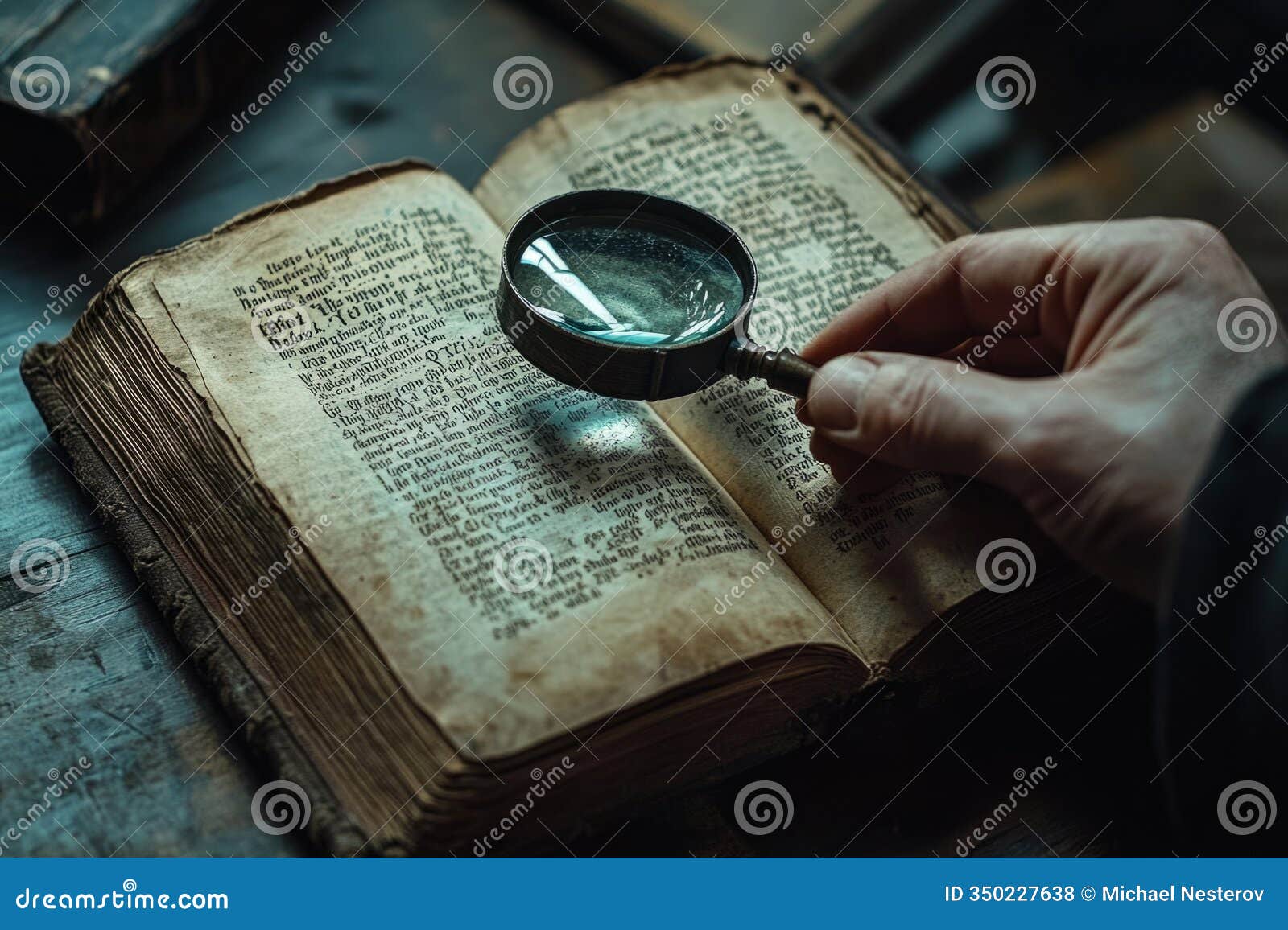 Historian Examining Ancient Book with Magnifying Glass in Archive Stock ...