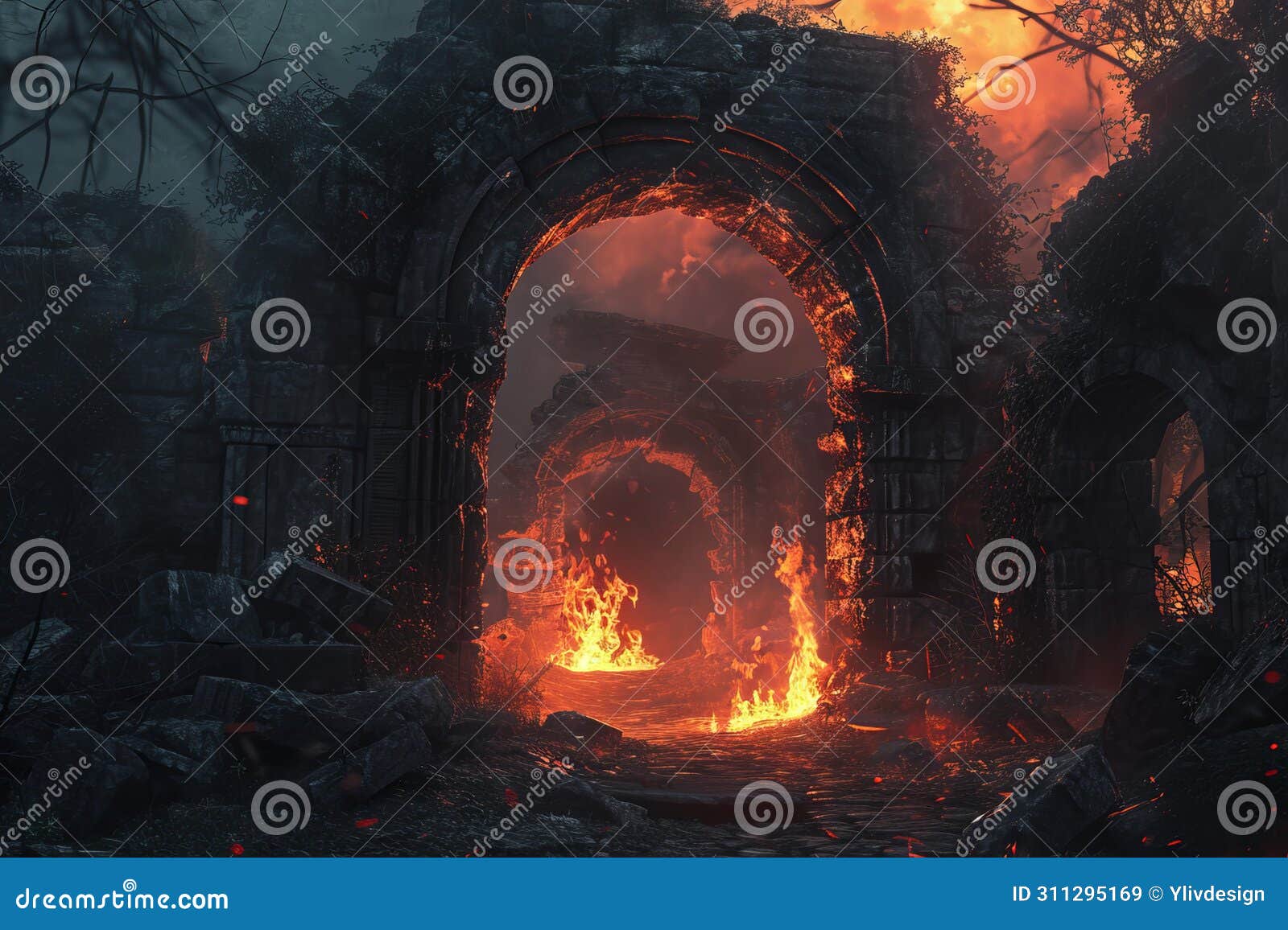 Historic Ancient Arch Fire Flames. Generate Ai Stock Image - Image of ...