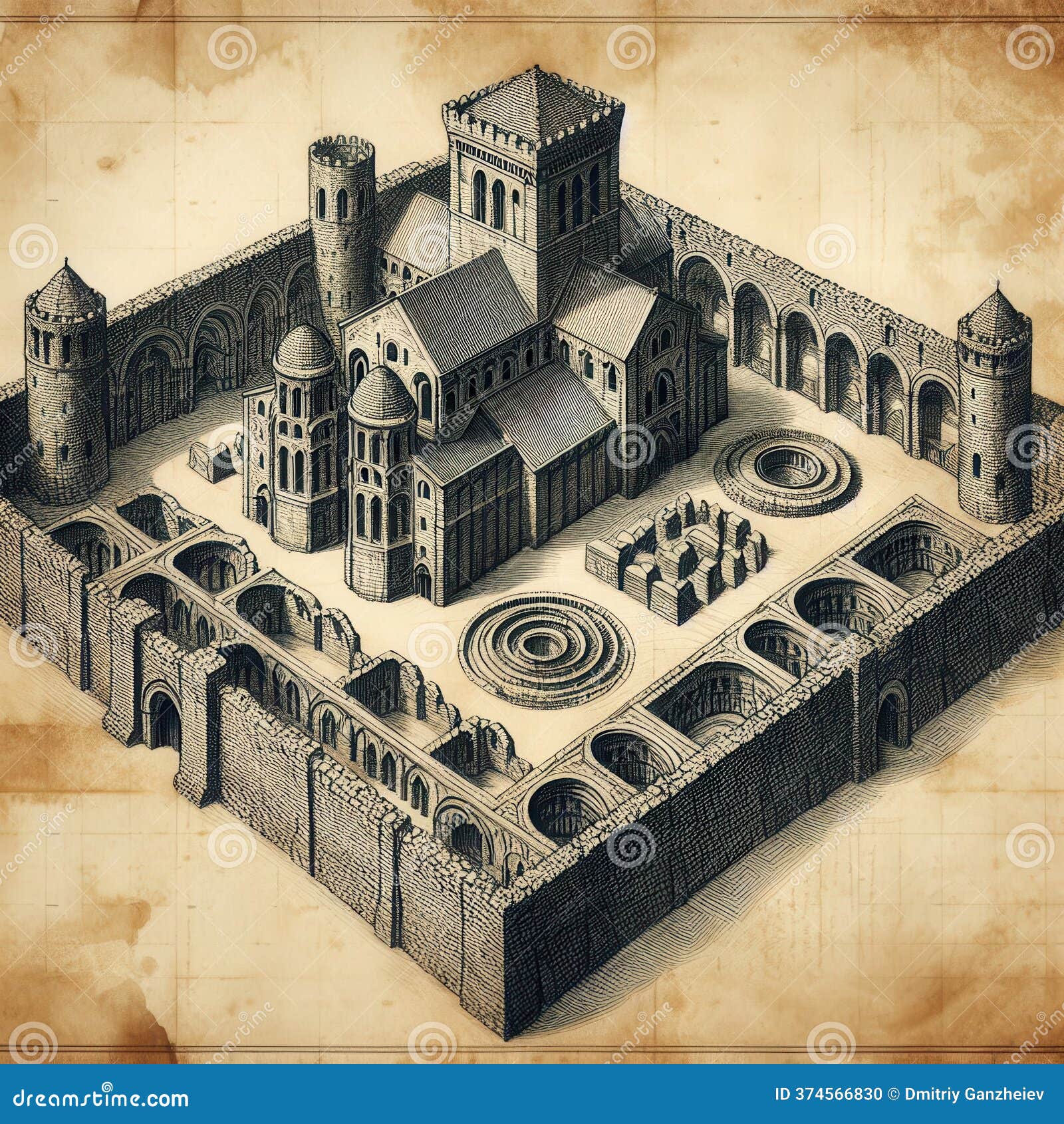 Romanesque Monastery Drawing With Fortified Walls Stock Image ...