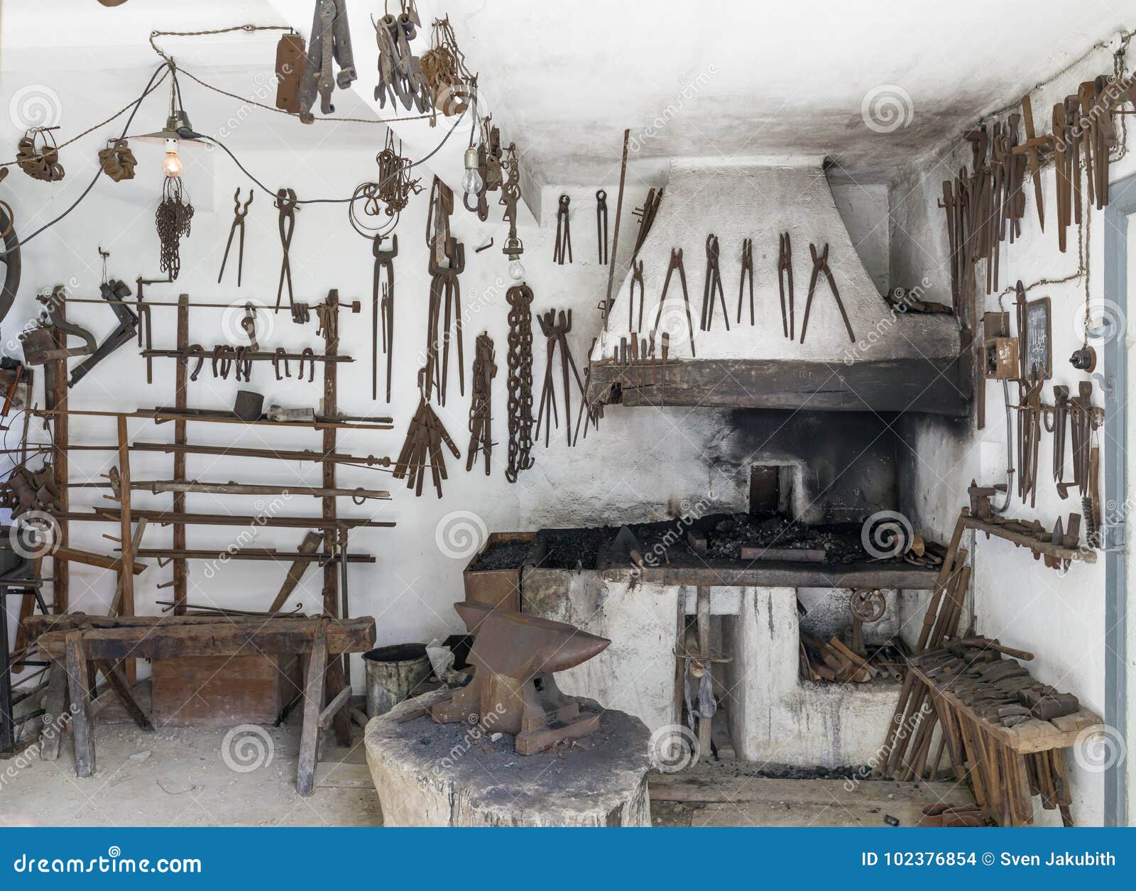 Historic Blacksmith Workshop with Old Tools and Forge Stock Photo ...