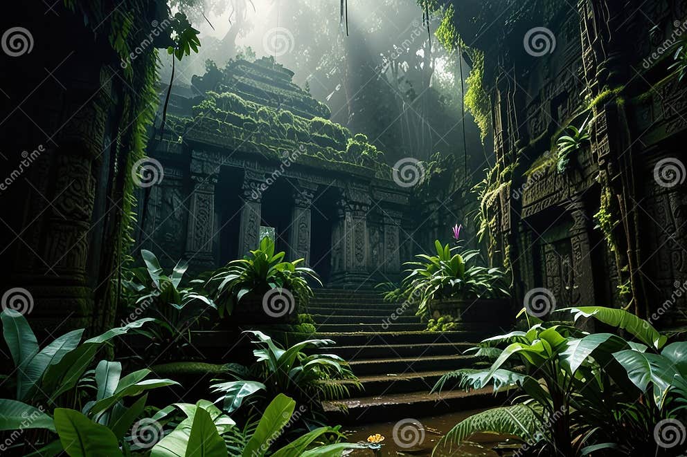 Historic Castle in the Middle of Jungle with Small Waterfall Stock ...