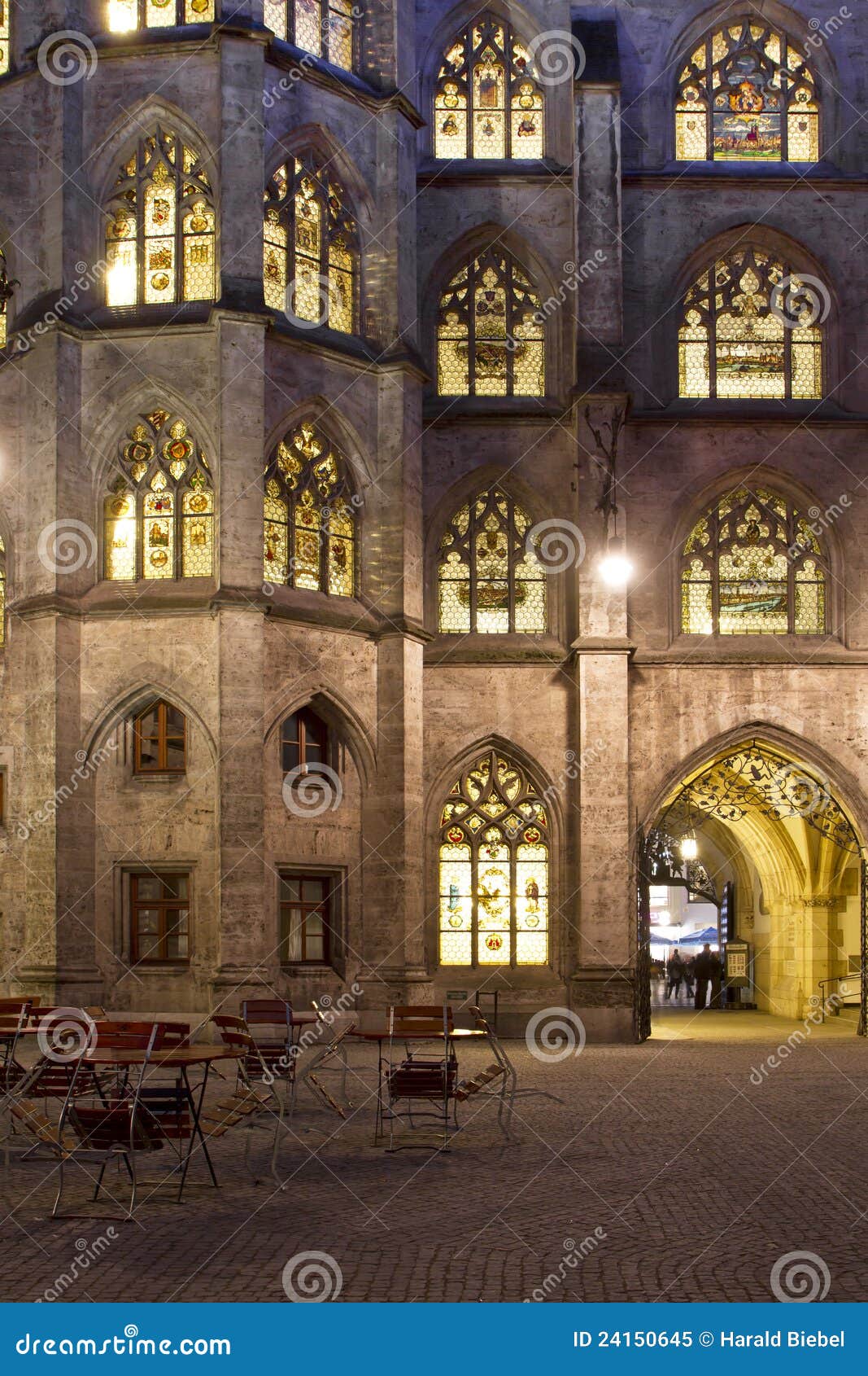 Historic Facade with Illuminated Windows Stock Image - Image of detail ...