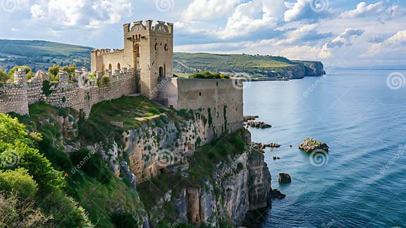 Historic Fortress on a Cliffside Stock Illustration - Illustration of ...