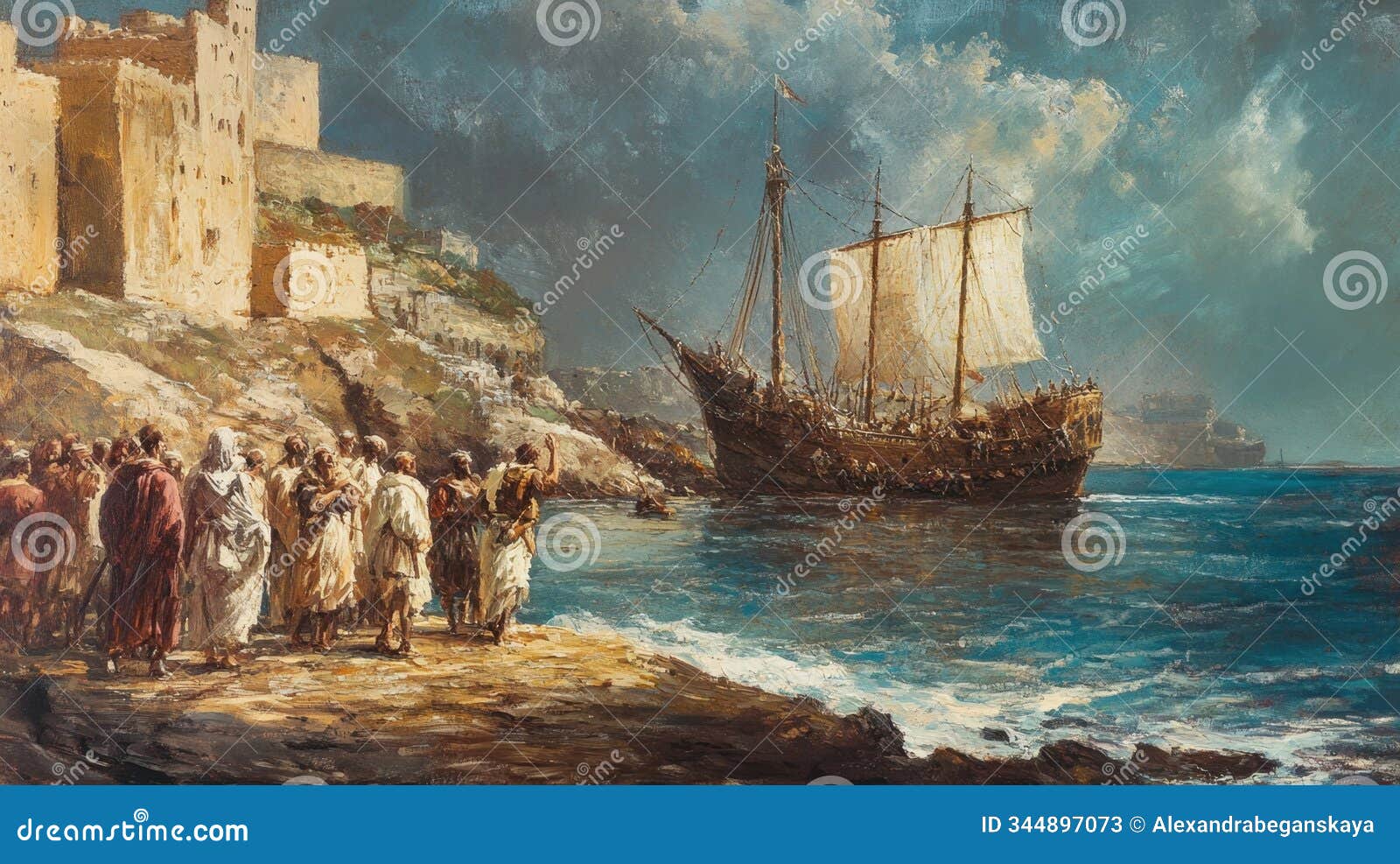 Historic Maritime Scene with Ship Docking at Ancient Coastal Fortress ...