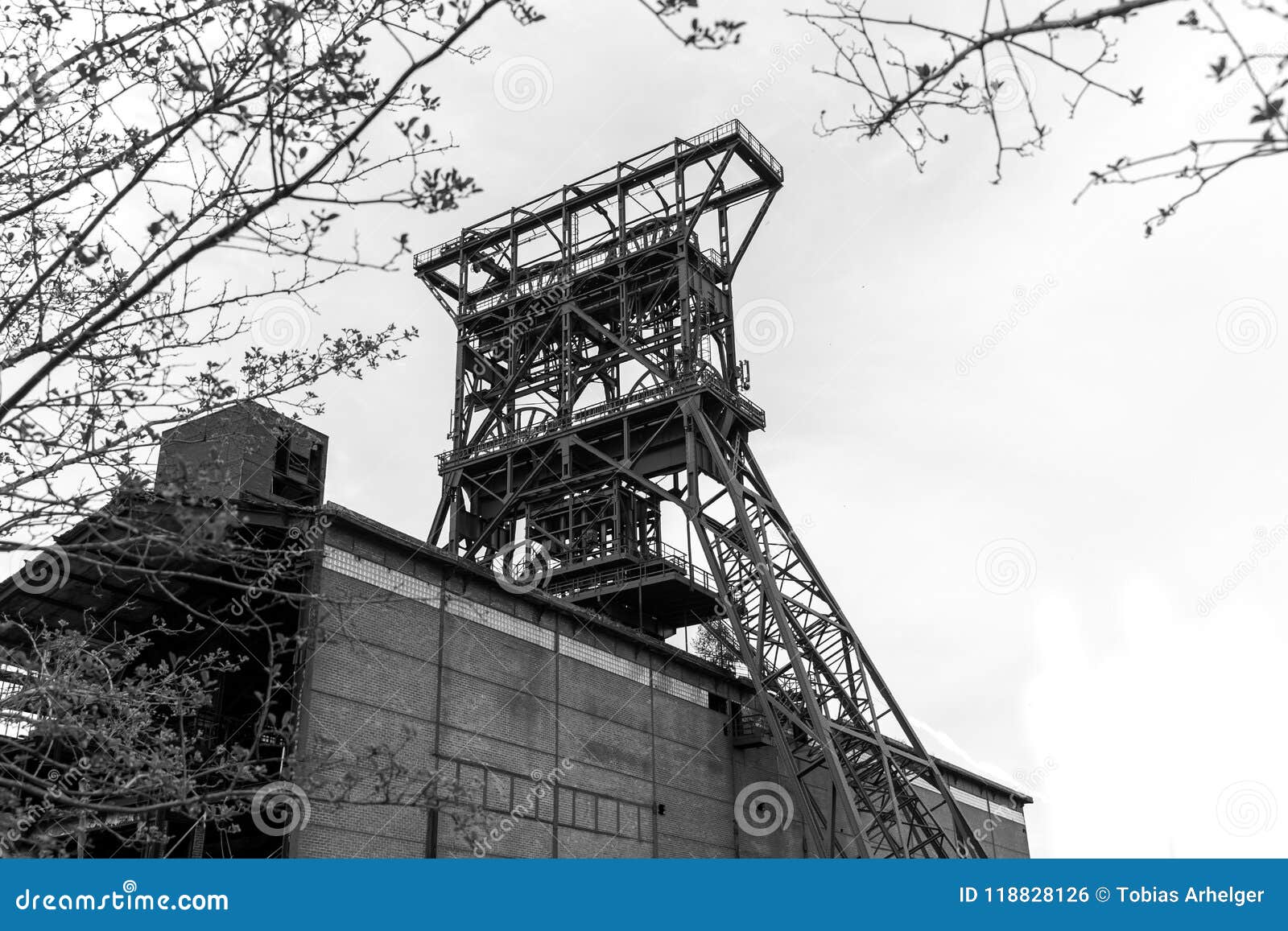 Historic Mining Tower in Black and White Stock Photo - Image of ...