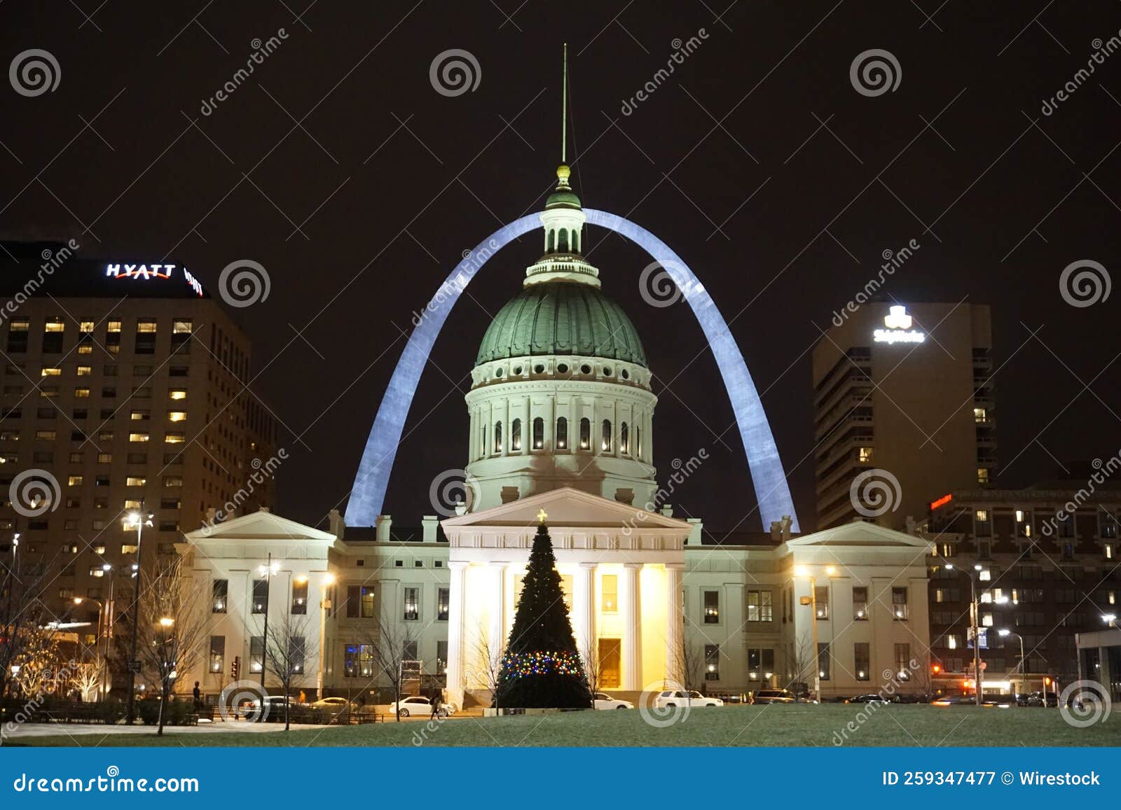 Historic Old Courthouse with an Illuminated Gateway Arch in the ...