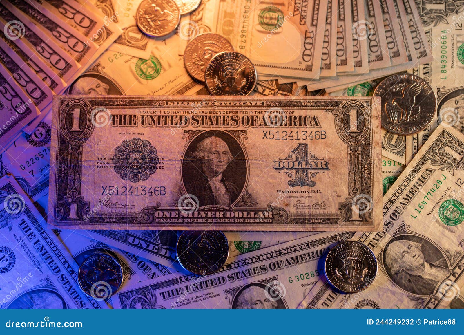 Historic One Dollar Banknote on Modern US Dollar Banknotes Stock Photo ...