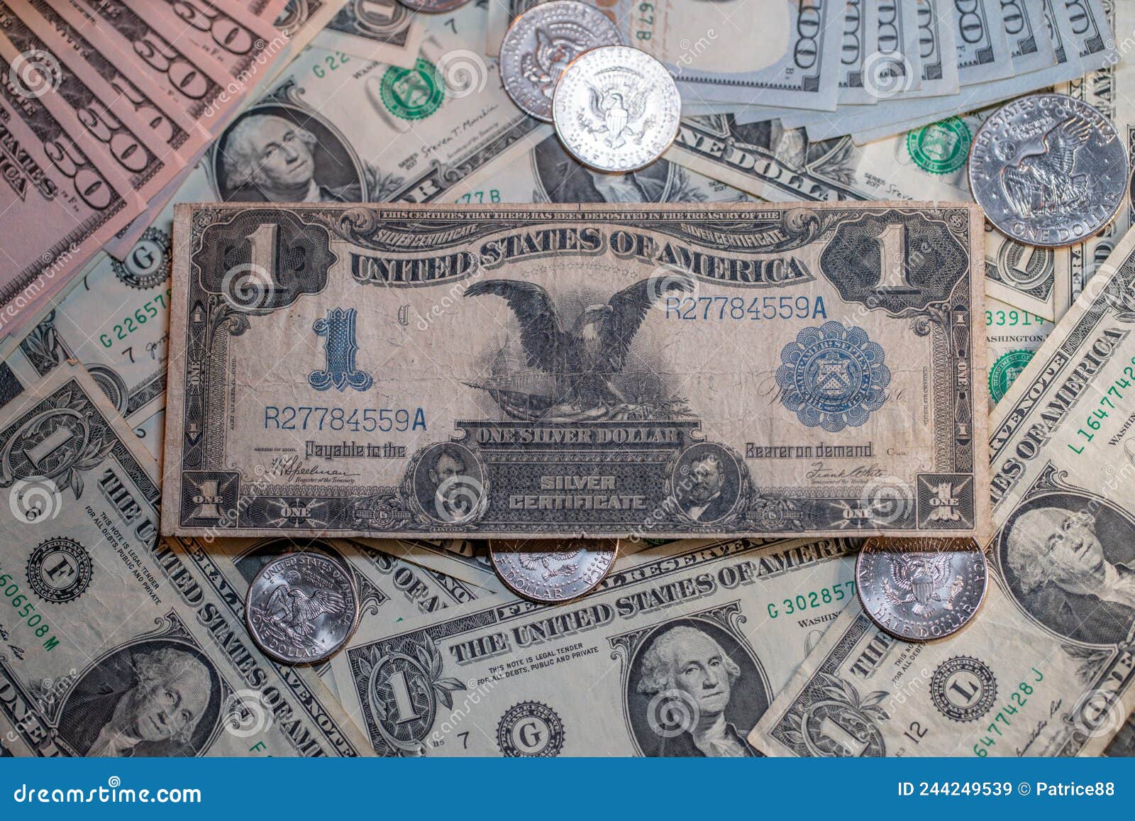 Historic One Dollar Banknote on Modern US Dollar Banknotes Stock Image ...