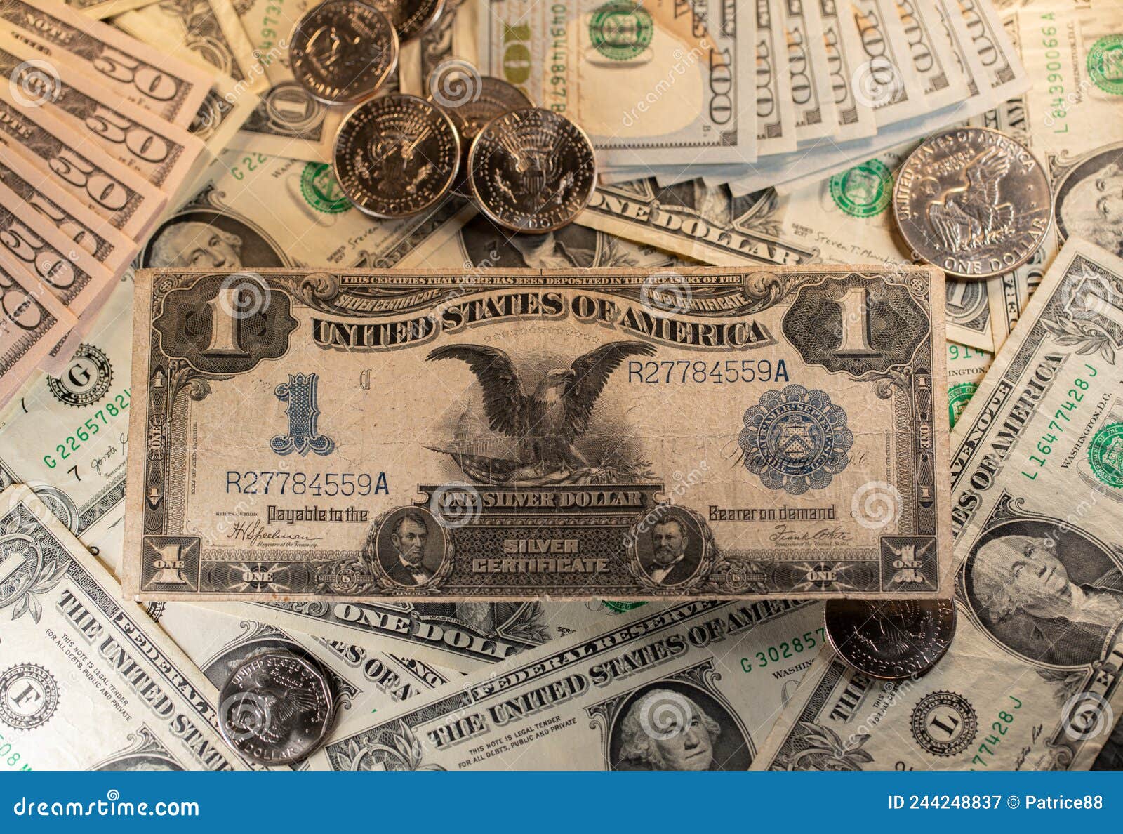 Historic One Dollar Banknote on Modern US Dollar Banknotes. Black Eagle ...