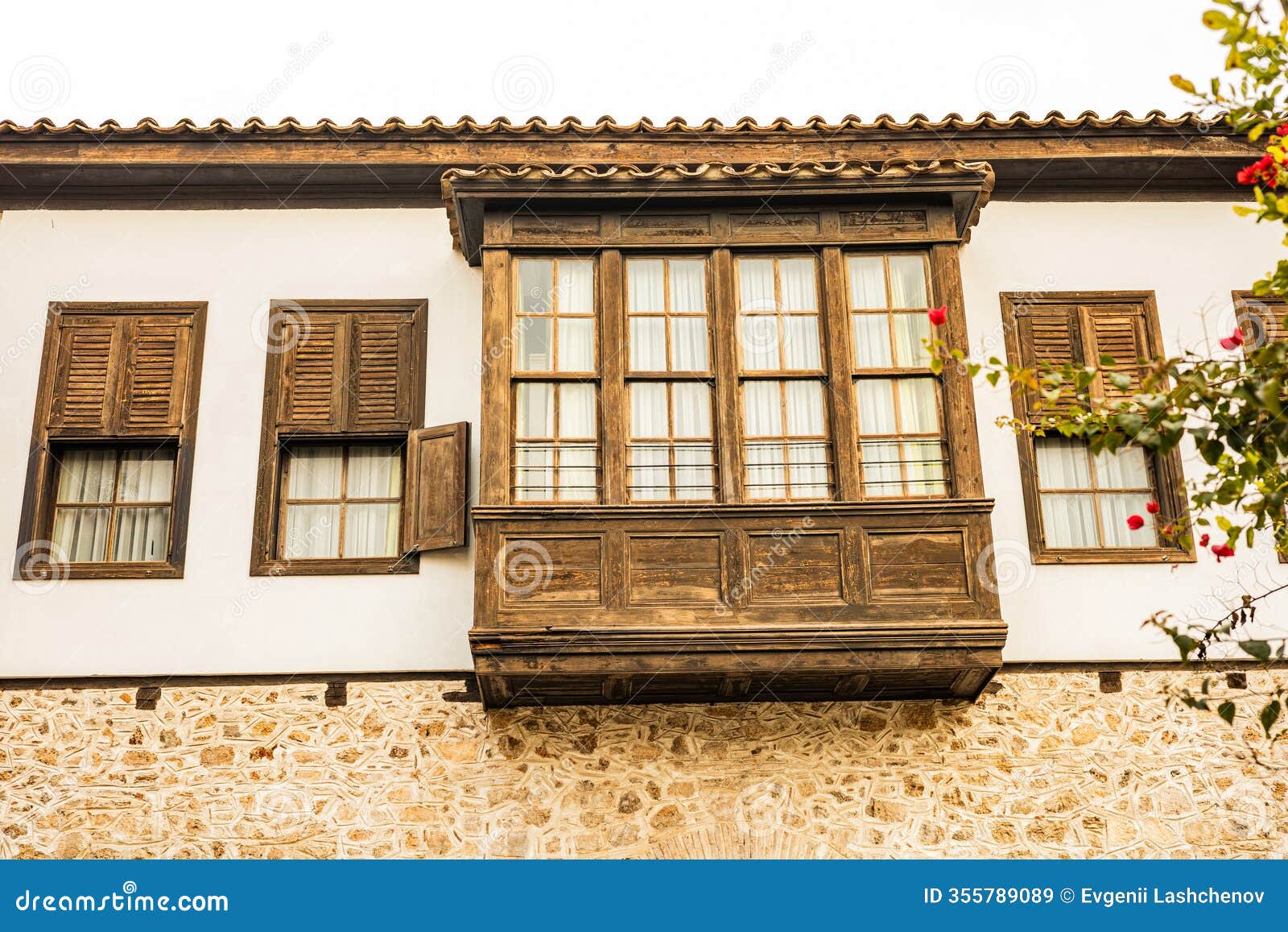 Historic Ottoman Architecture with Wooden Windows on Stone Wall Stock ...