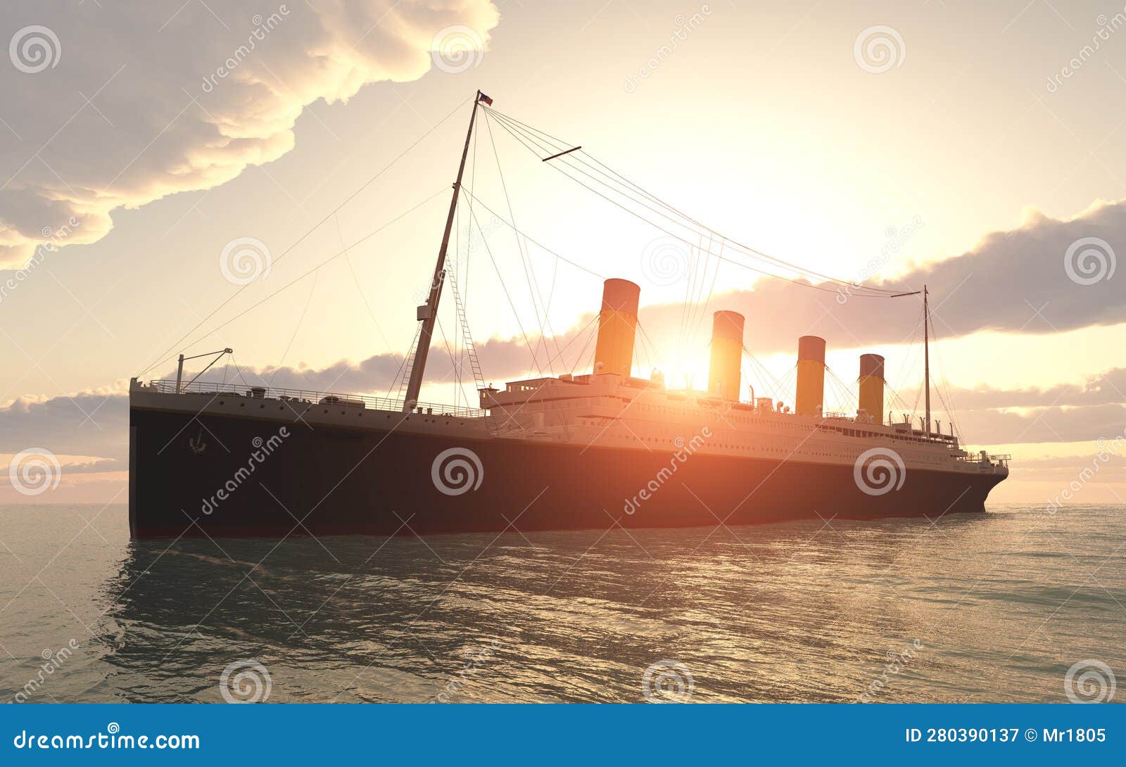 Historic Passenger Ship Titanic on the High Seas at Sunset Stock ...