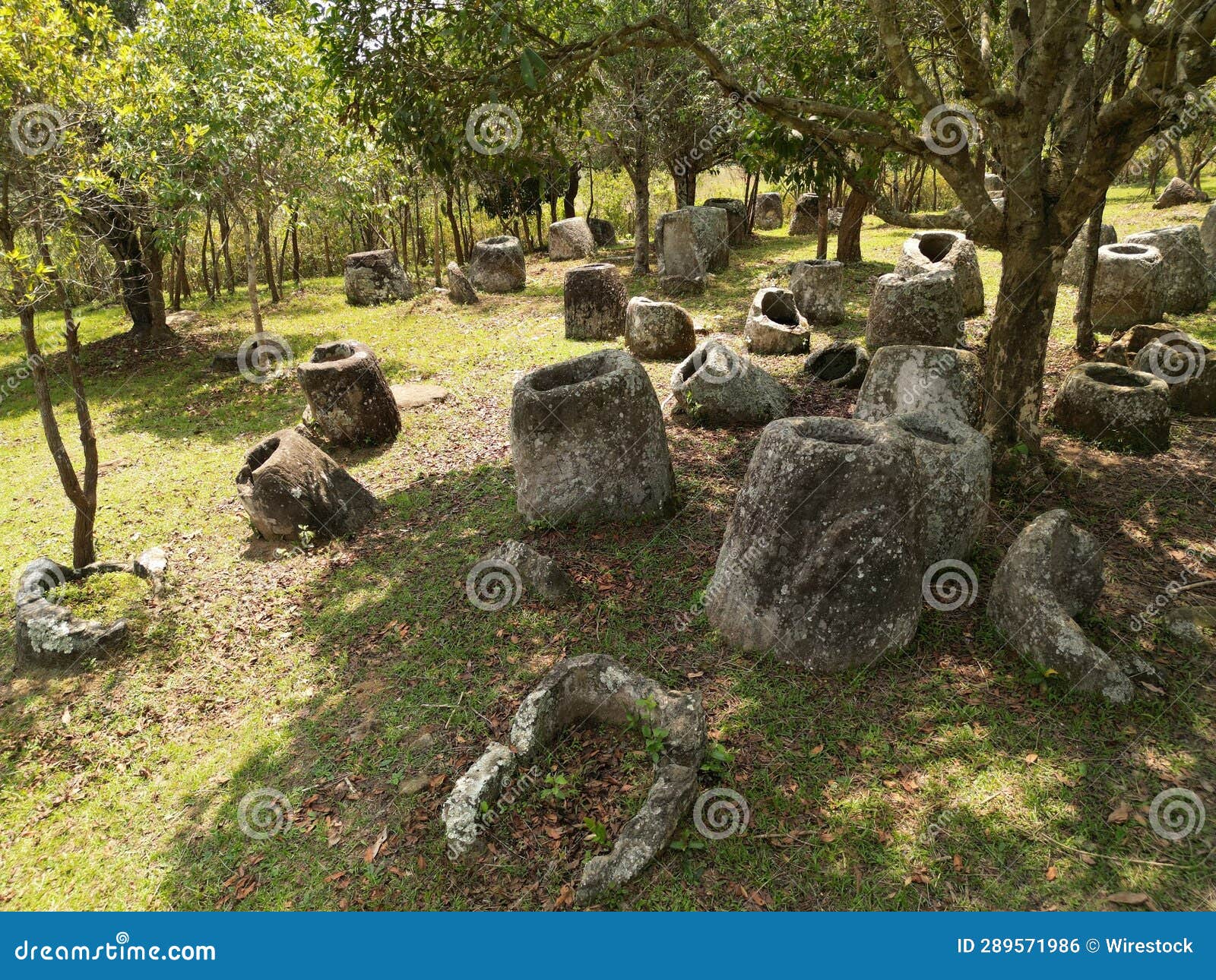 Historic Plain of Jars on a Grassy Green Field in Laos Stock Photo ...