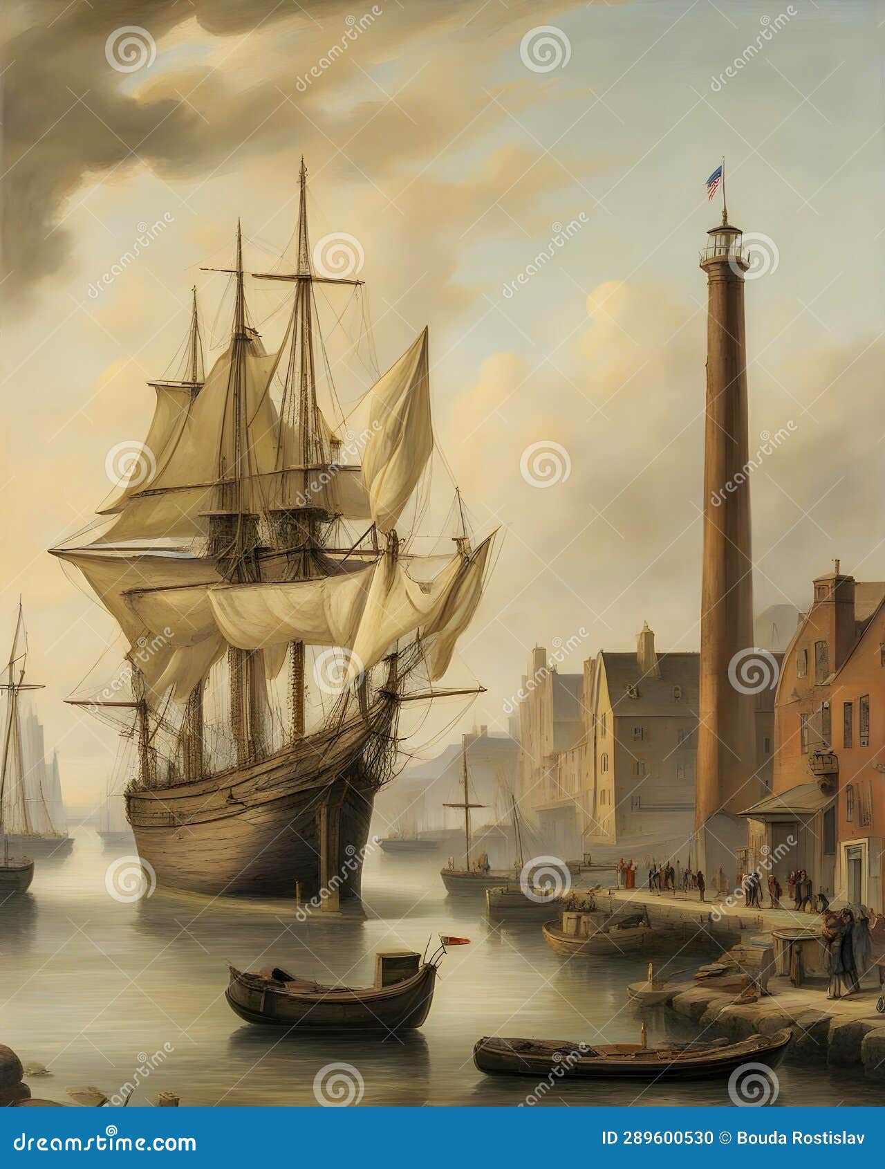Historic Port with a Large Sailing Ship Stock Illustration ...