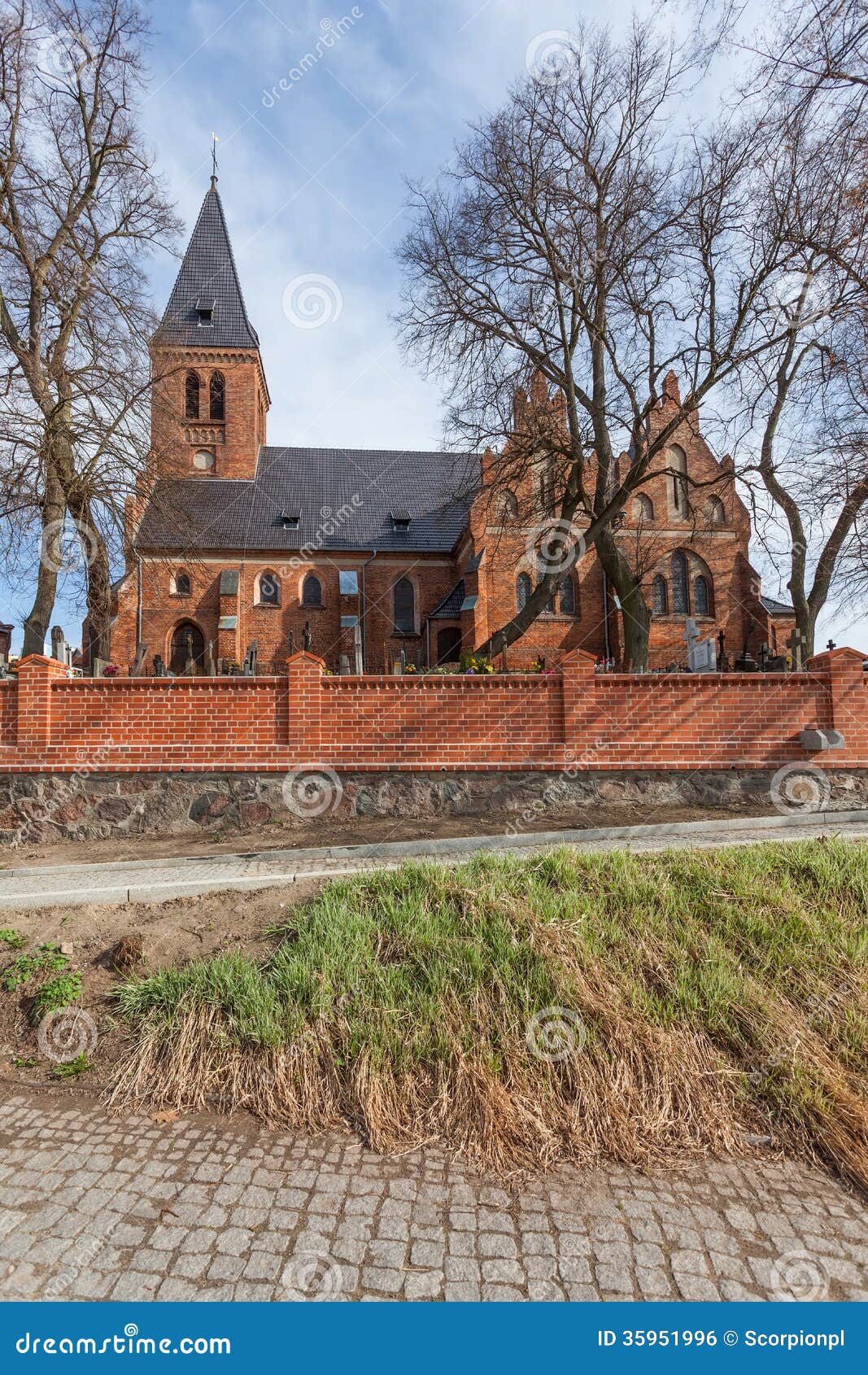 The Historic Red Brick Church and Cemetery Stock Photo - Image of field ...