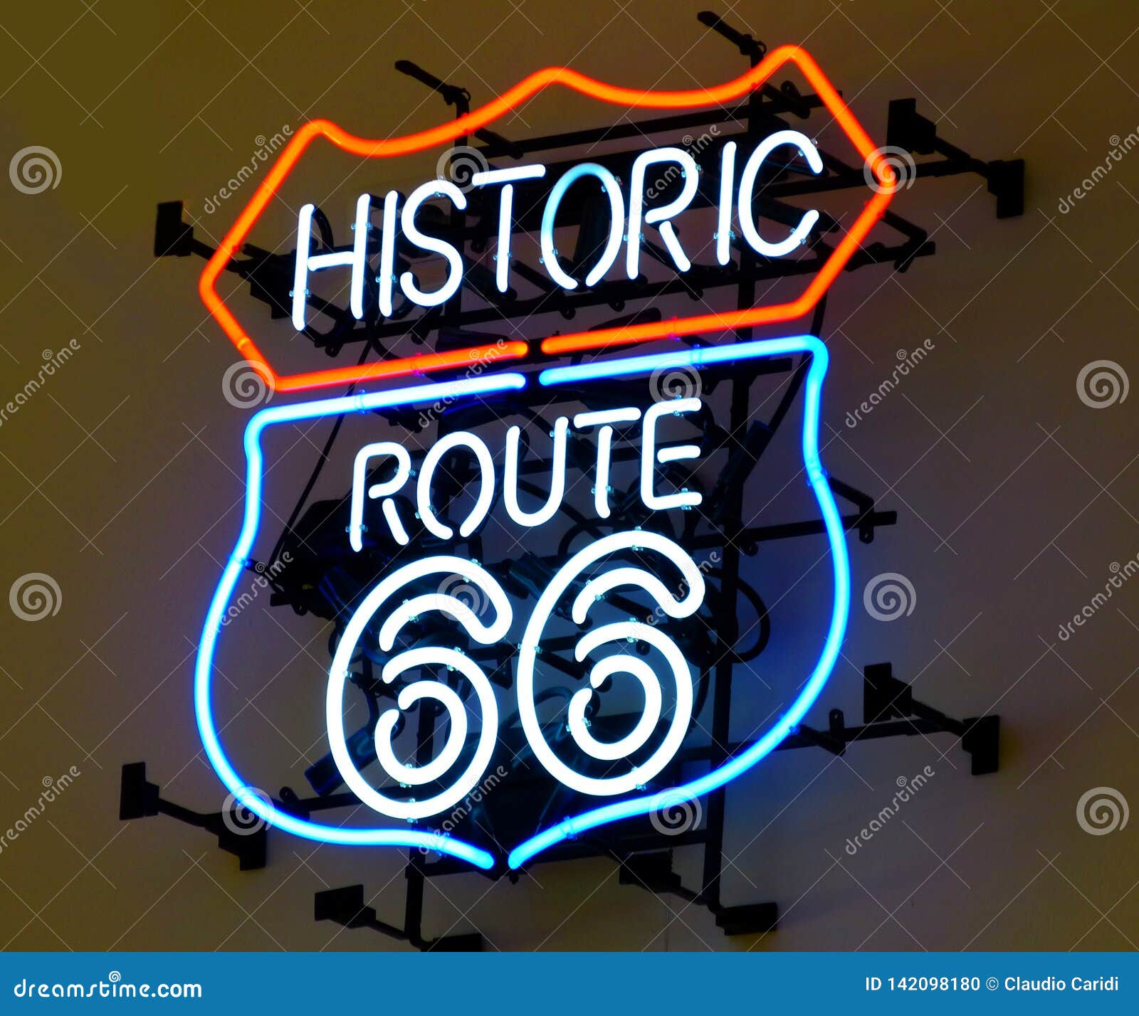 Historic Route 66, Neon Sign in Red and Blue Light Stock Photo - Image ...