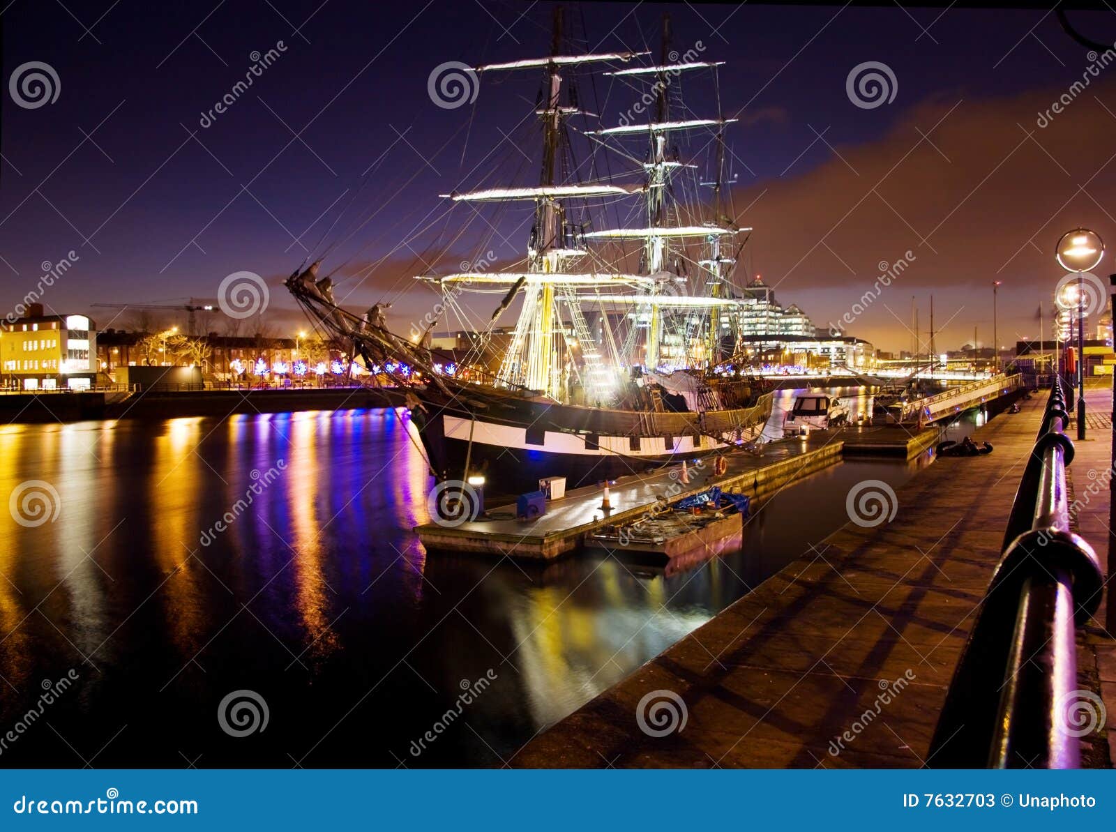 Historic Sail Ship Docked in the City at Night Stock Image - Image of ...