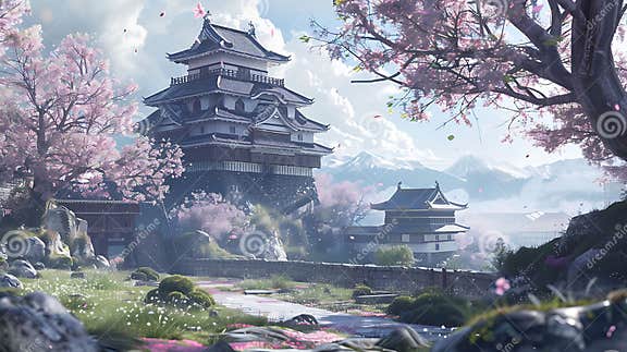 Historic Samurai Castle in Spring Stock Illustration - Illustration of ...