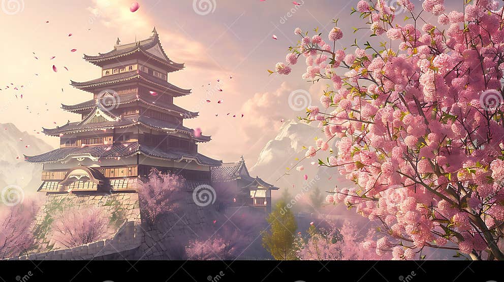 Historic Samurai Castle in Spring Stock Illustration - Illustration of ...