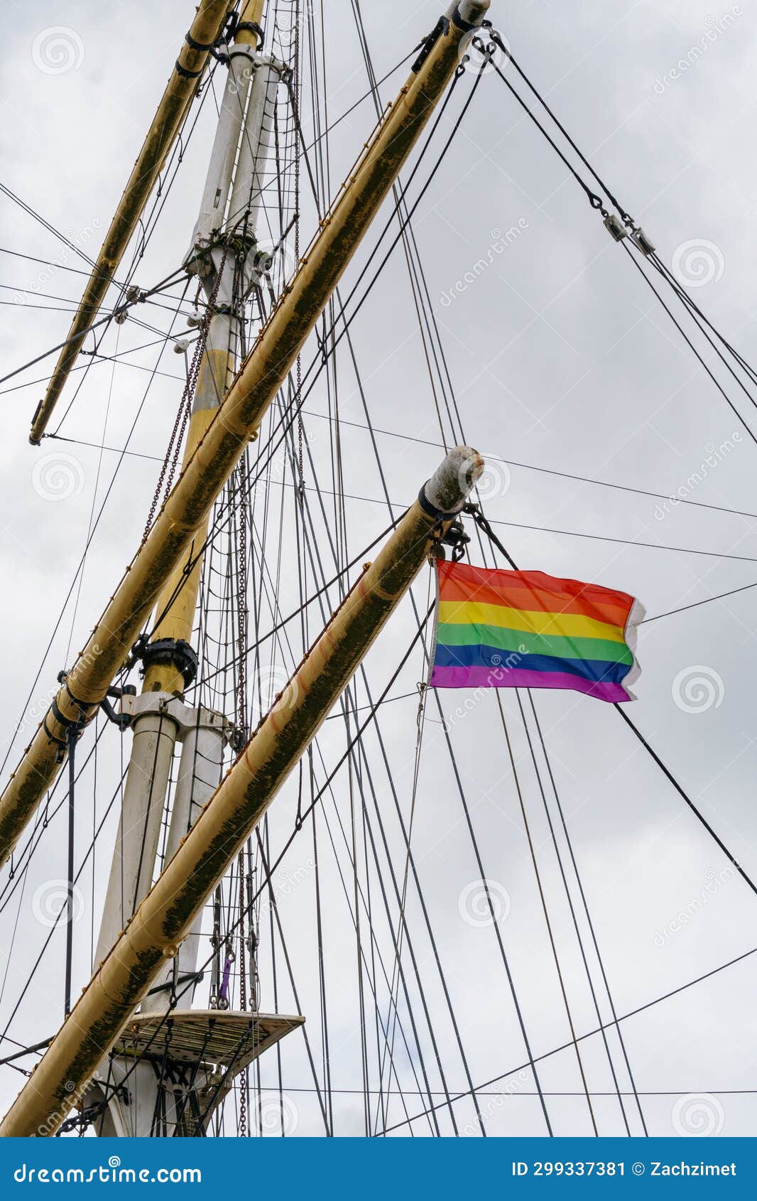 Historic Ship Mast and Rigging with a Rainbow Pride Flag Flying Stock ...