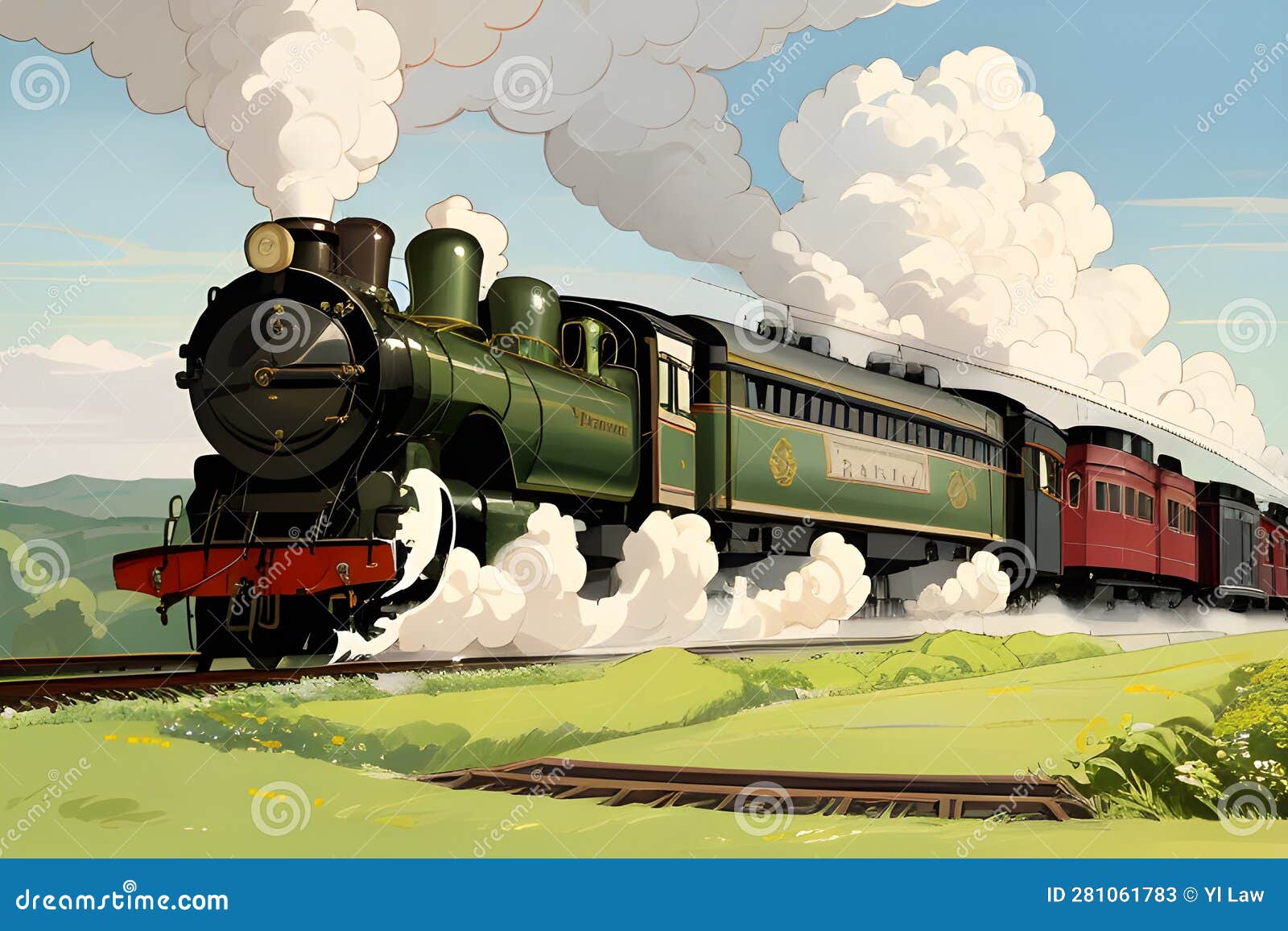 The Historic Steam Train Passes through the Fields Stock Illustration ...