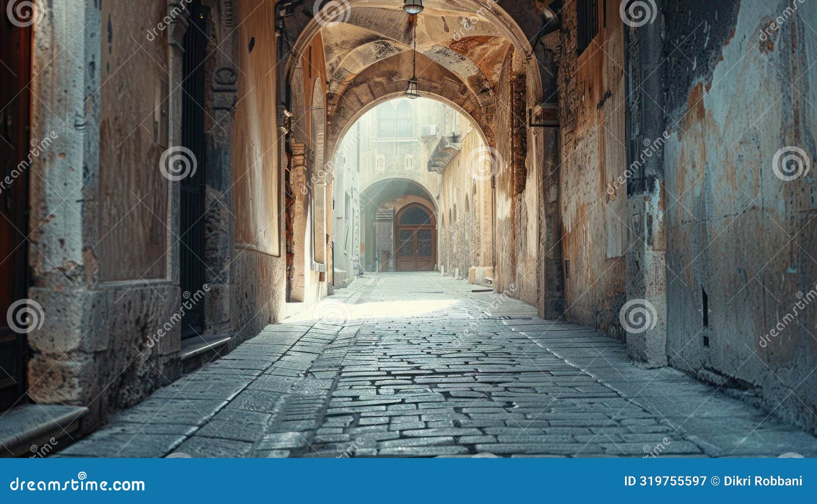 A Serene, Sunlit Historic Alleyway with Stone Archways, Cobblestone ...