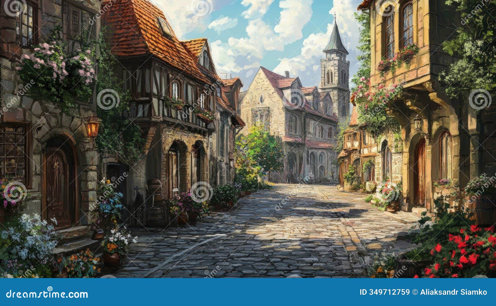 Historic Town Square with Cobblestone Streets and Medieval Buildings ...