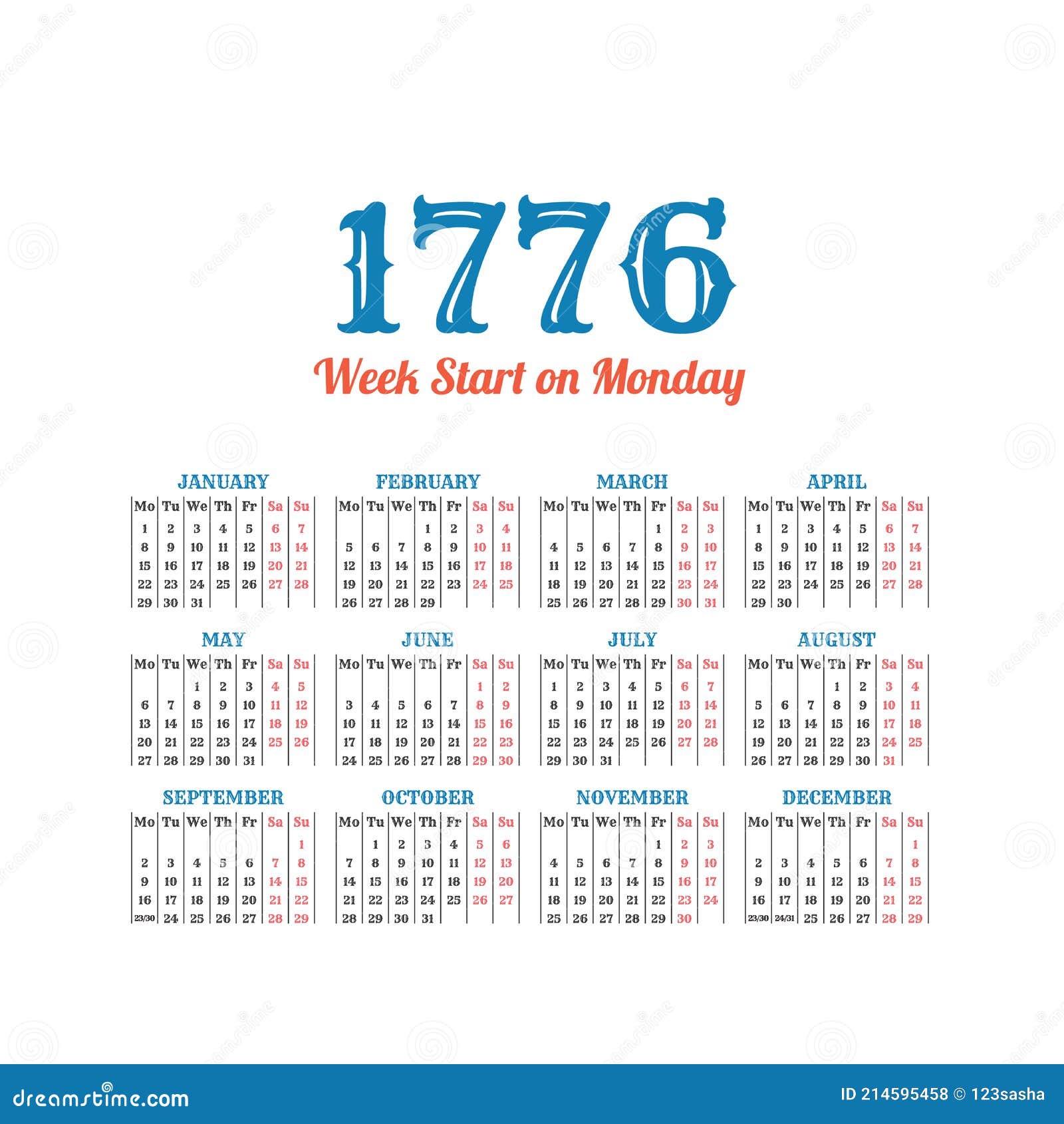 Historic Vector Calendar of 1776. Start on Monday Stock Vector ...