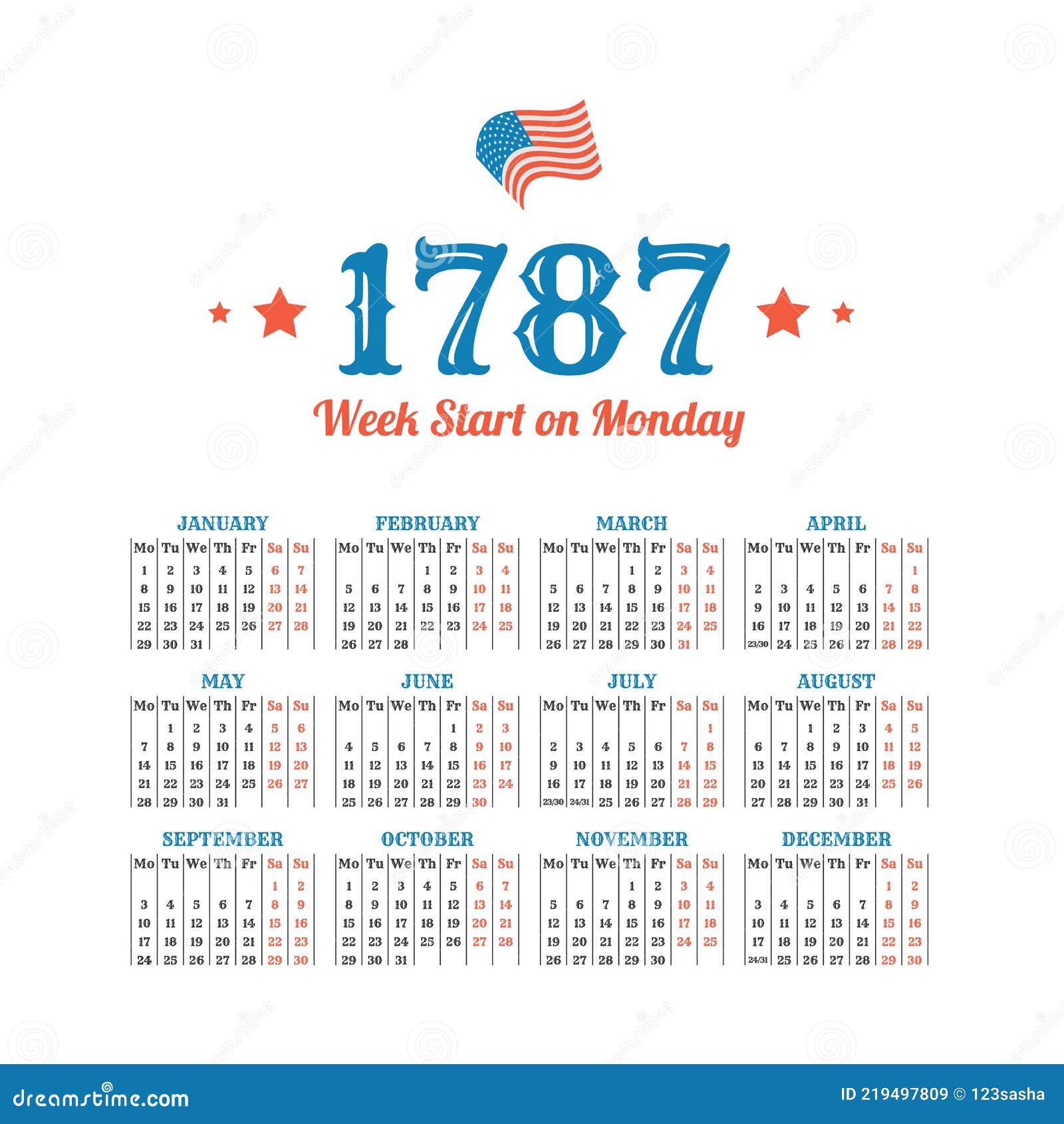 Historic Vector Calendar Of 1776. Start On Sunday Stock Photography ...