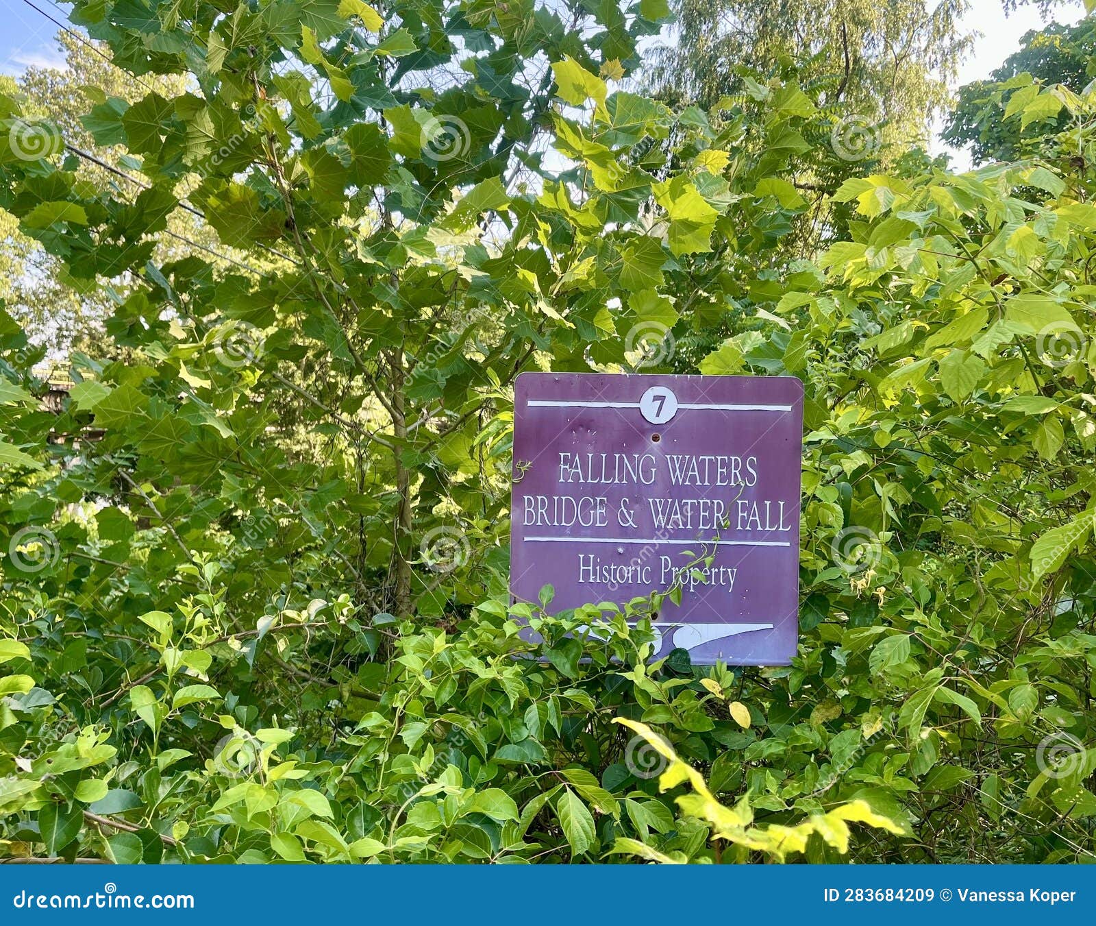 Falling Waters Bridge and Waterfall Sign Stock Image - Image of ...
