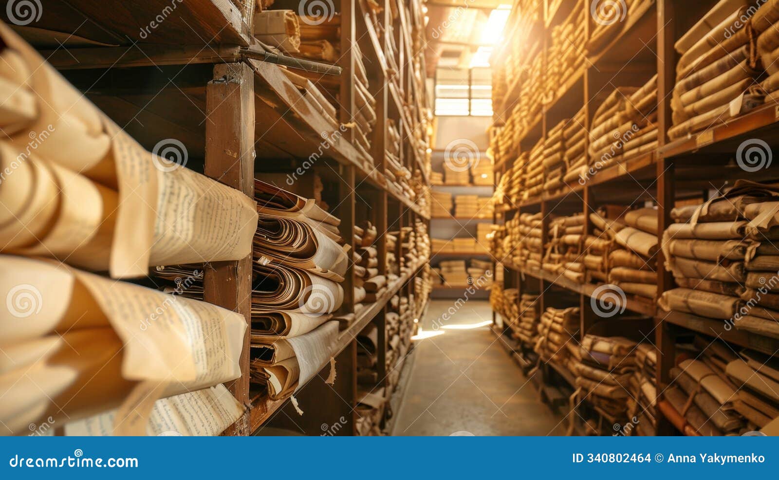 A Historical Archive Room with Shelves Filled with Ancient Scrolls and ...