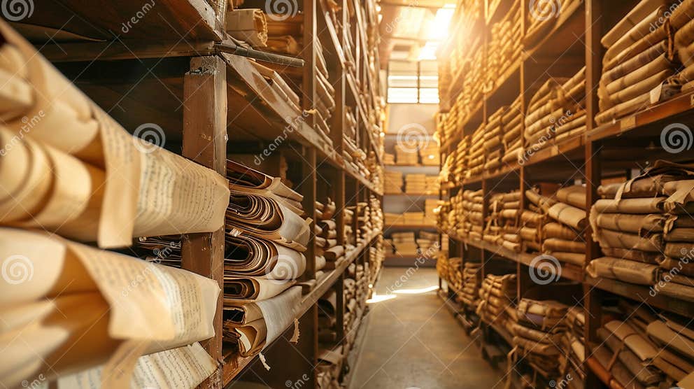 A Historical Archive Room with Shelves Filled with Ancient Scrolls and ...
