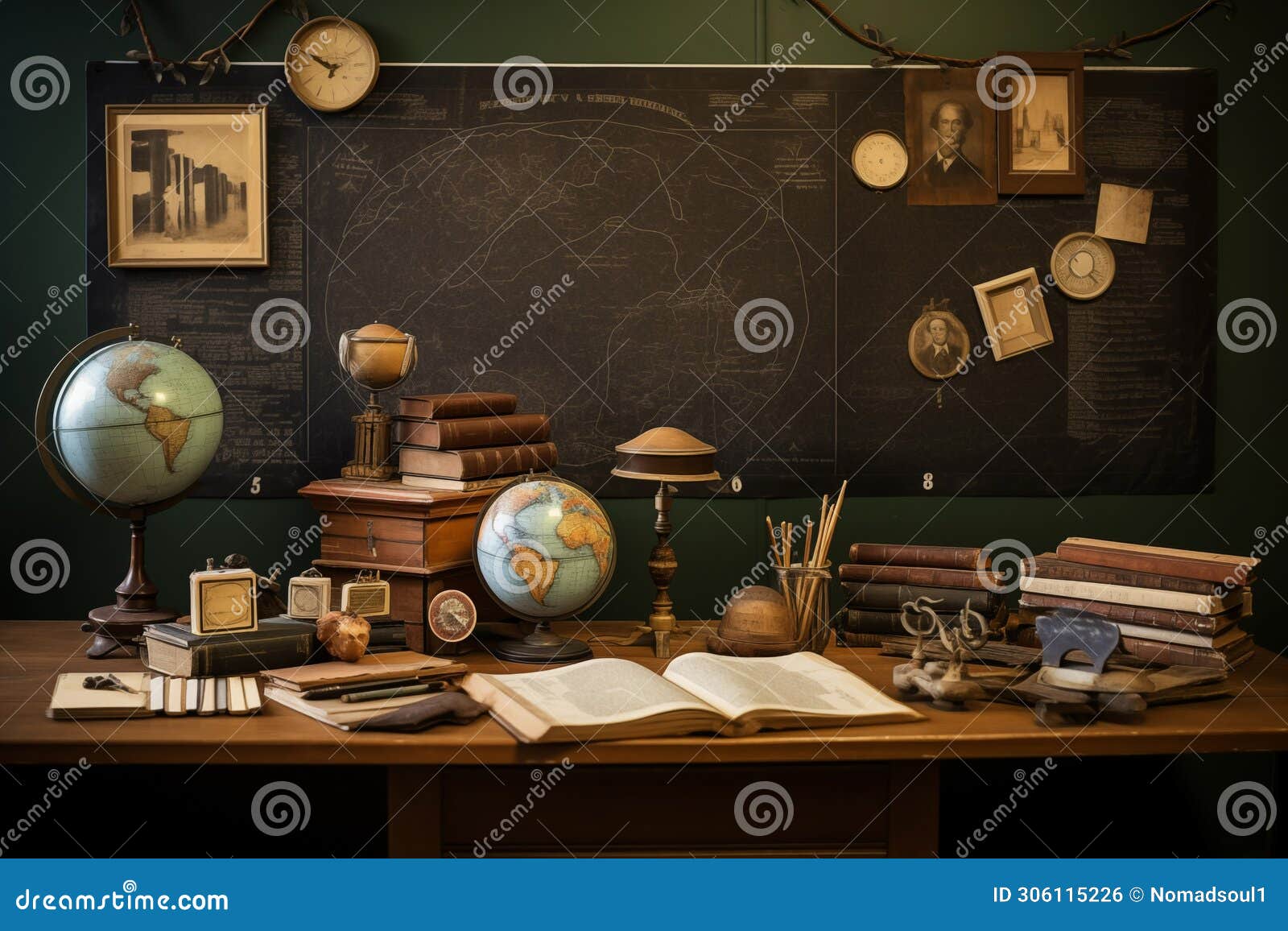 History Class with Chalkboard, Books and Historical Artifacts ...