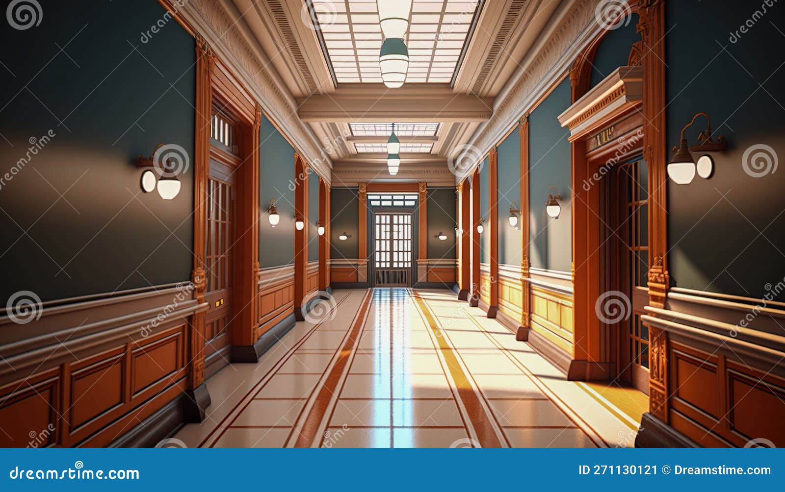 A Hallway In A University Building With Lockers And Poste Created With ...