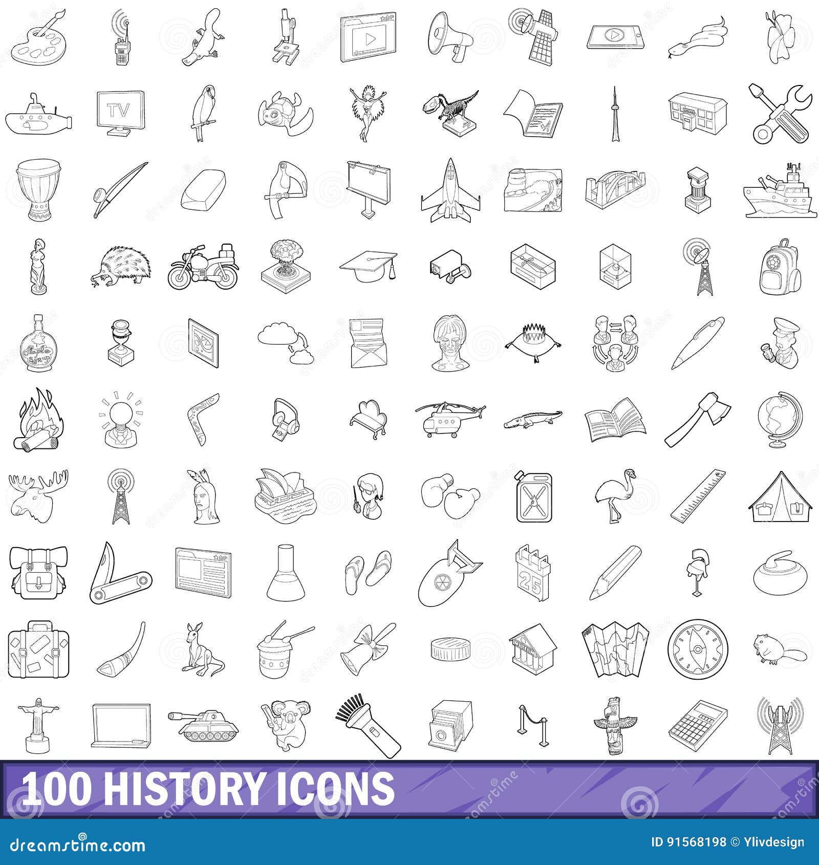 100 History Icons Set, Outline Style Stock Vector - Illustration of ...