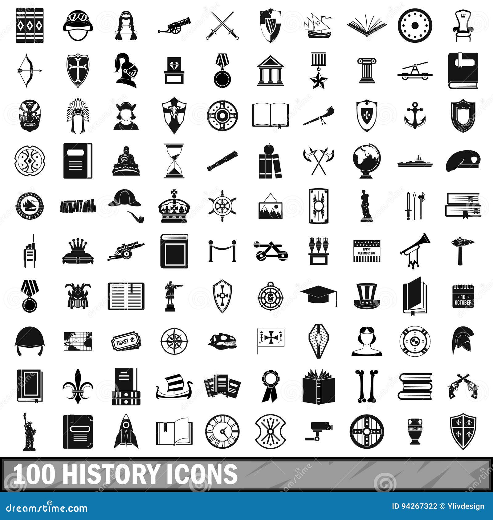 100 History Icons Set, Simple Style Stock Vector - Illustration of ...