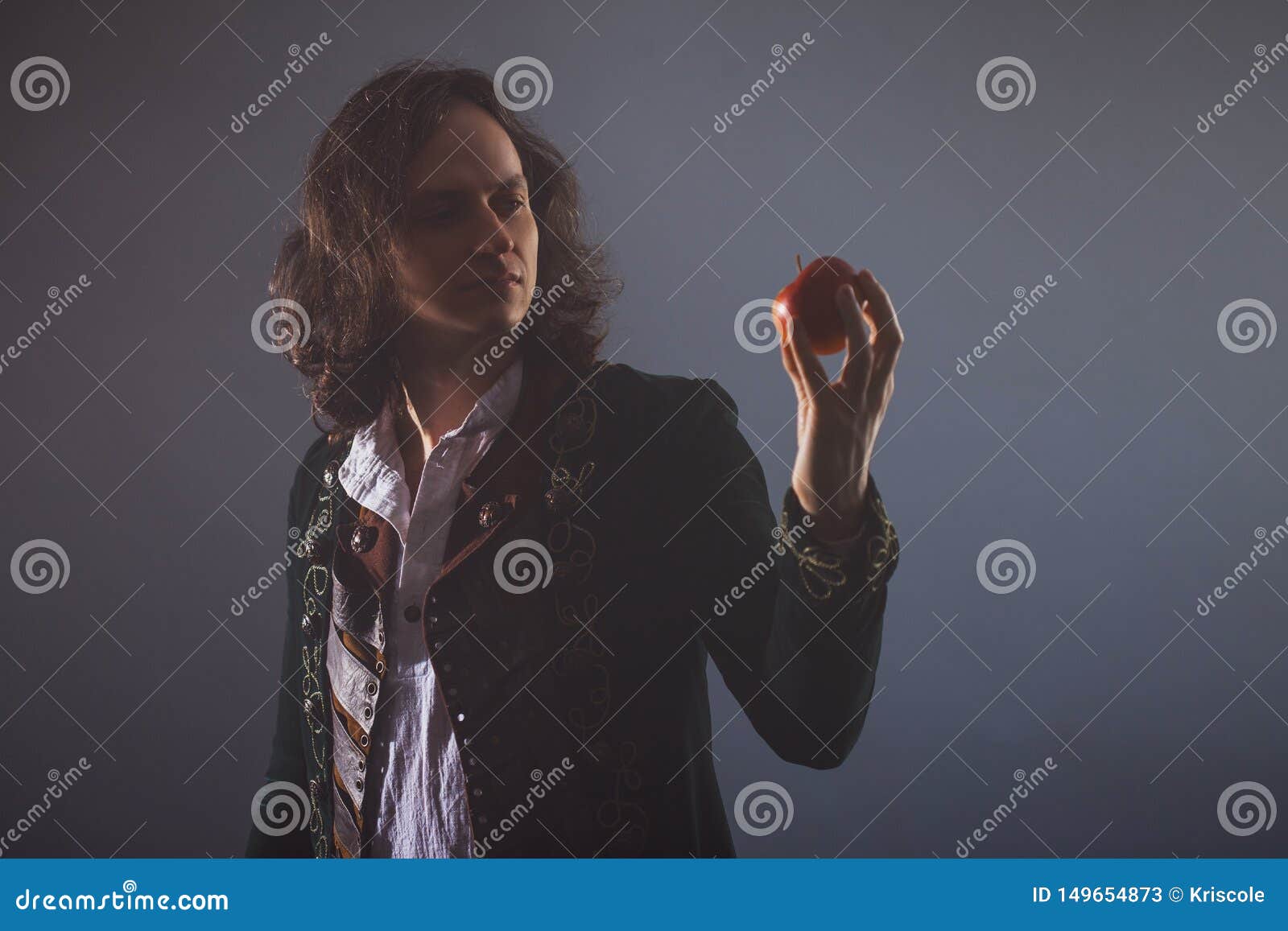 History Of Science, Concept. Isaac Newton With Apple In Hand Royalty ...