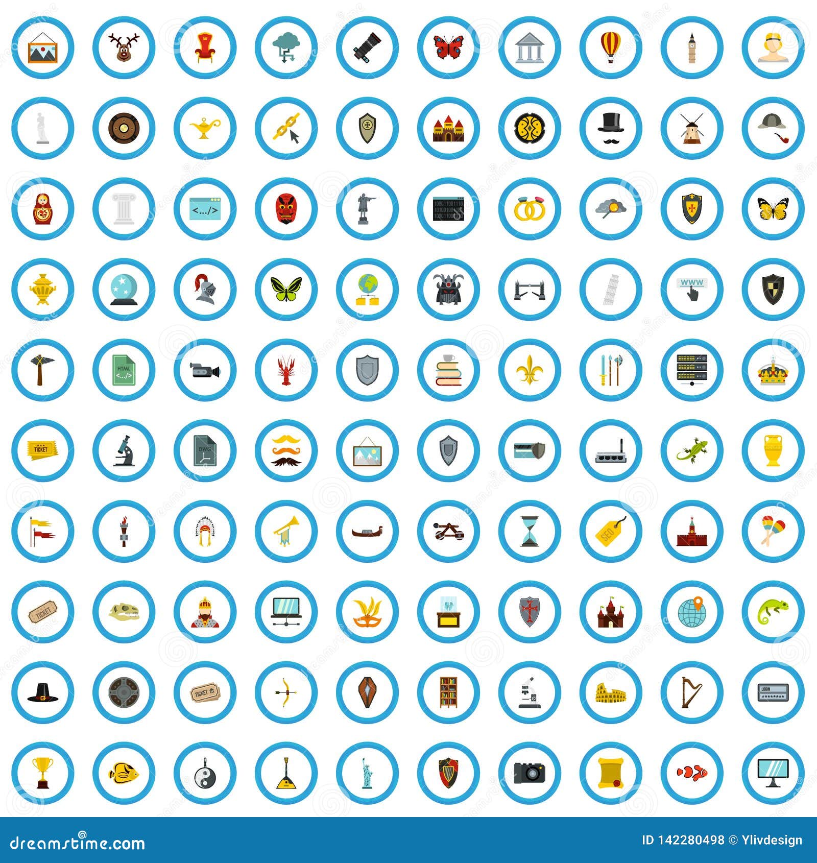 100 History Site Icons Set, Flat Style Stock Vector - Illustration of ...