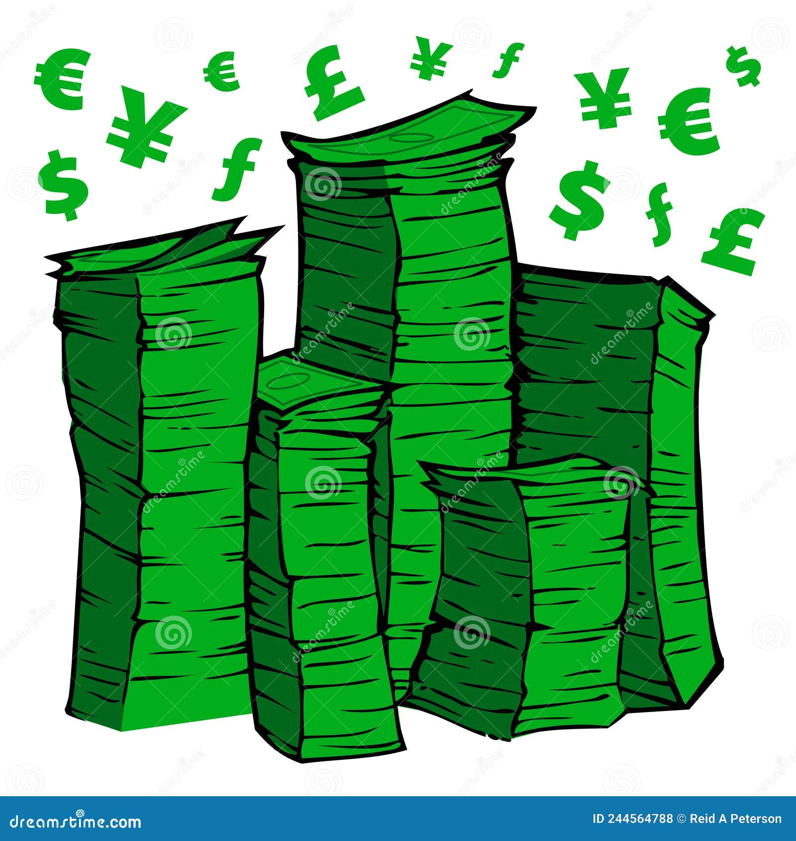 Paper Money Stacks Piles Dollar Euro Frank Pound Yen Stock Illustration ...