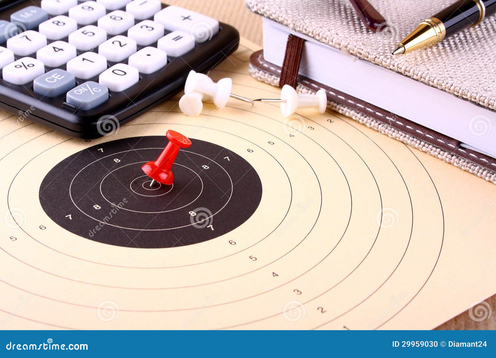 Hit the Target - Target, Red Pin, Calculator, Pen, Notebook Stock Photo ...