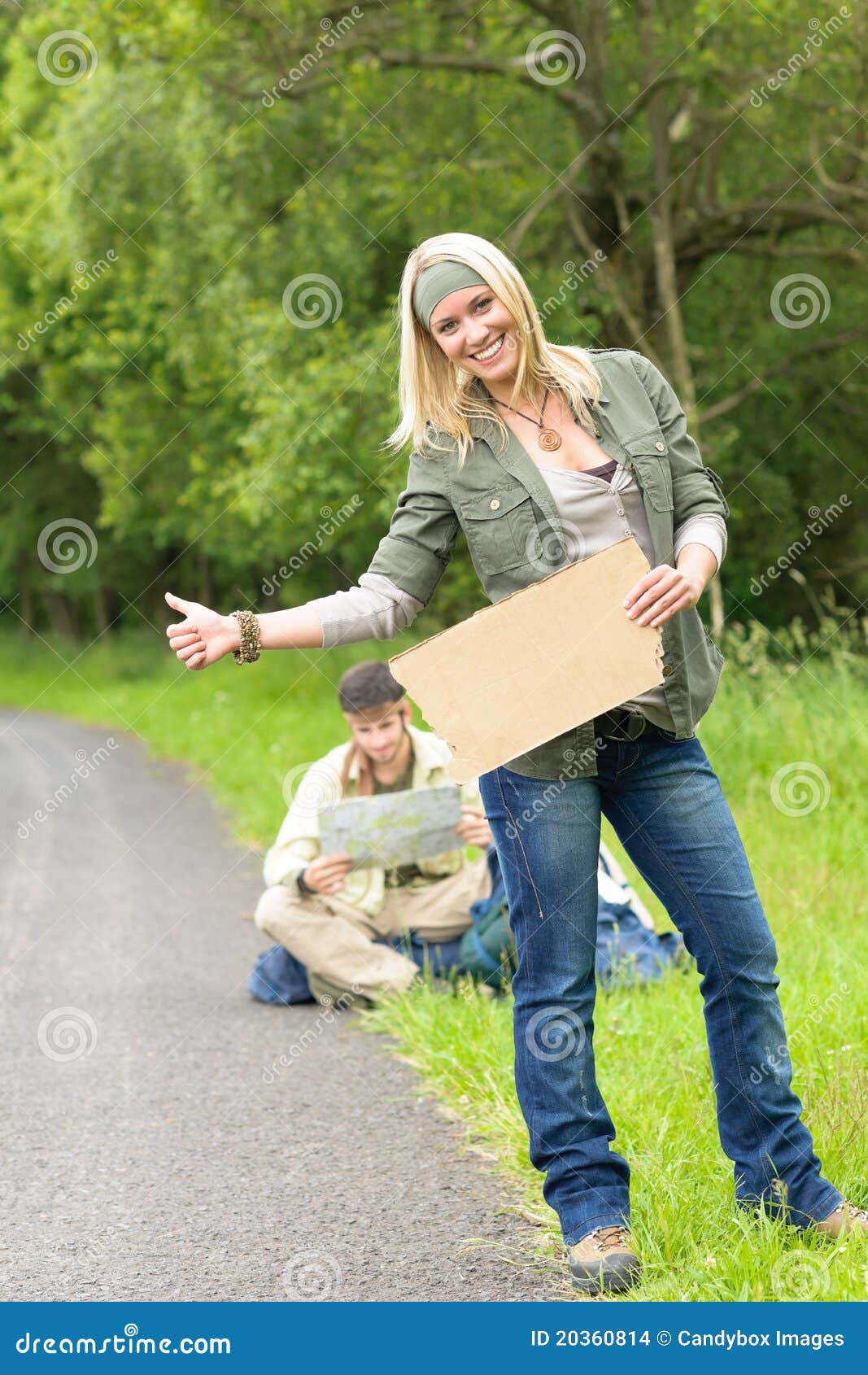Hitch-hiking Young Couple Backpack Asphalt Road Stock Photo - Image of ...