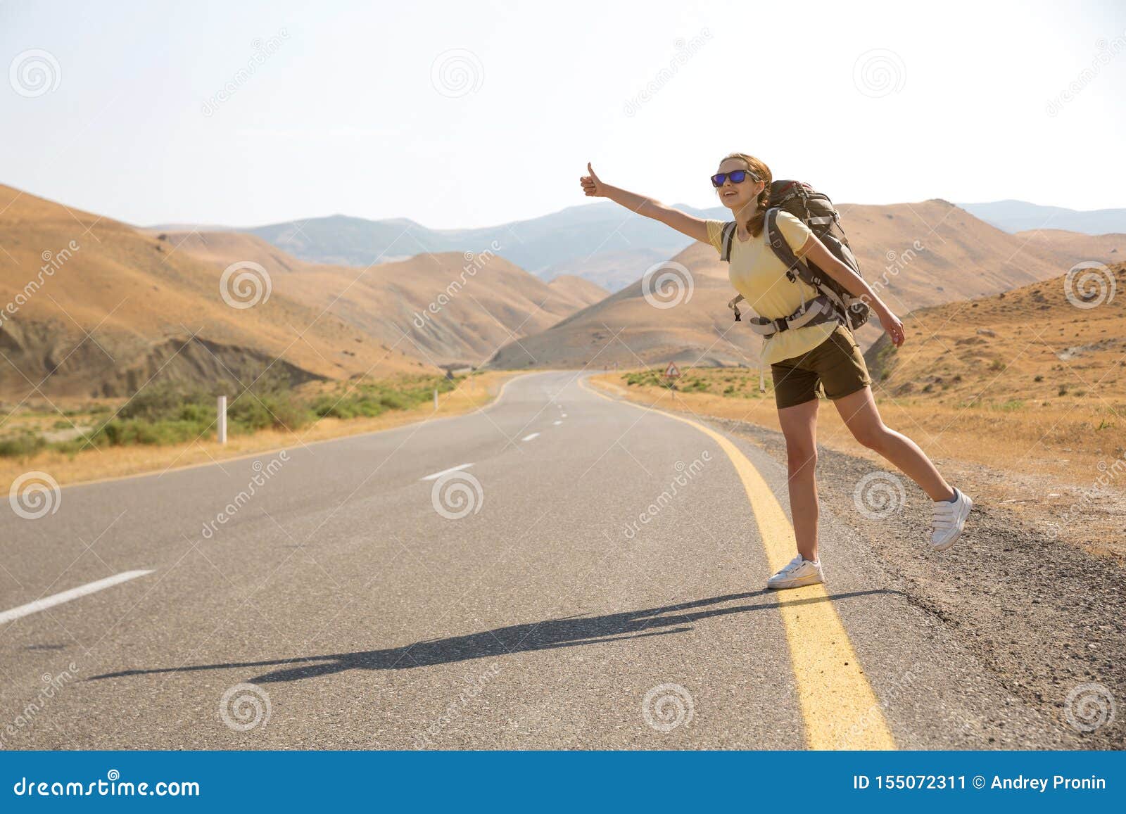 Hitchhiker Traveler Woman On The Road In Sunset Girl Traveler Hiker On The Road Summer