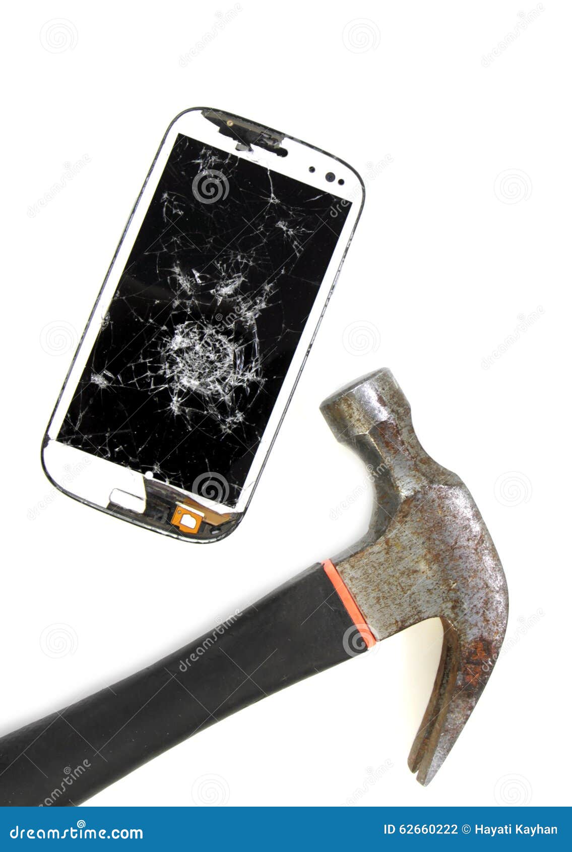 Hitting with Hammer To Phone Screen on White Background Stock Photo ...