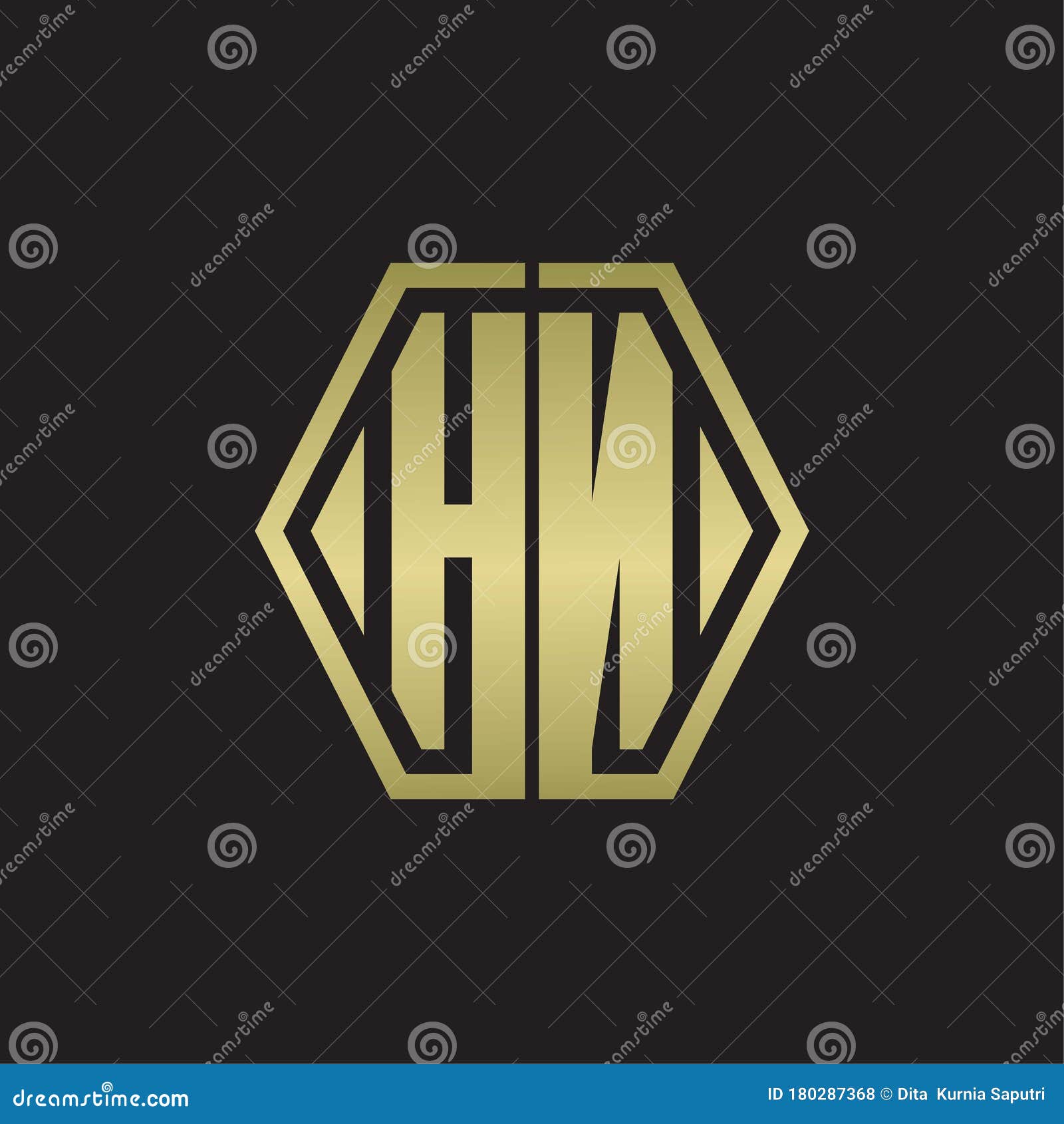 HN Logo Monogram with Hexagon Line Rounded Design Template with Gold ...