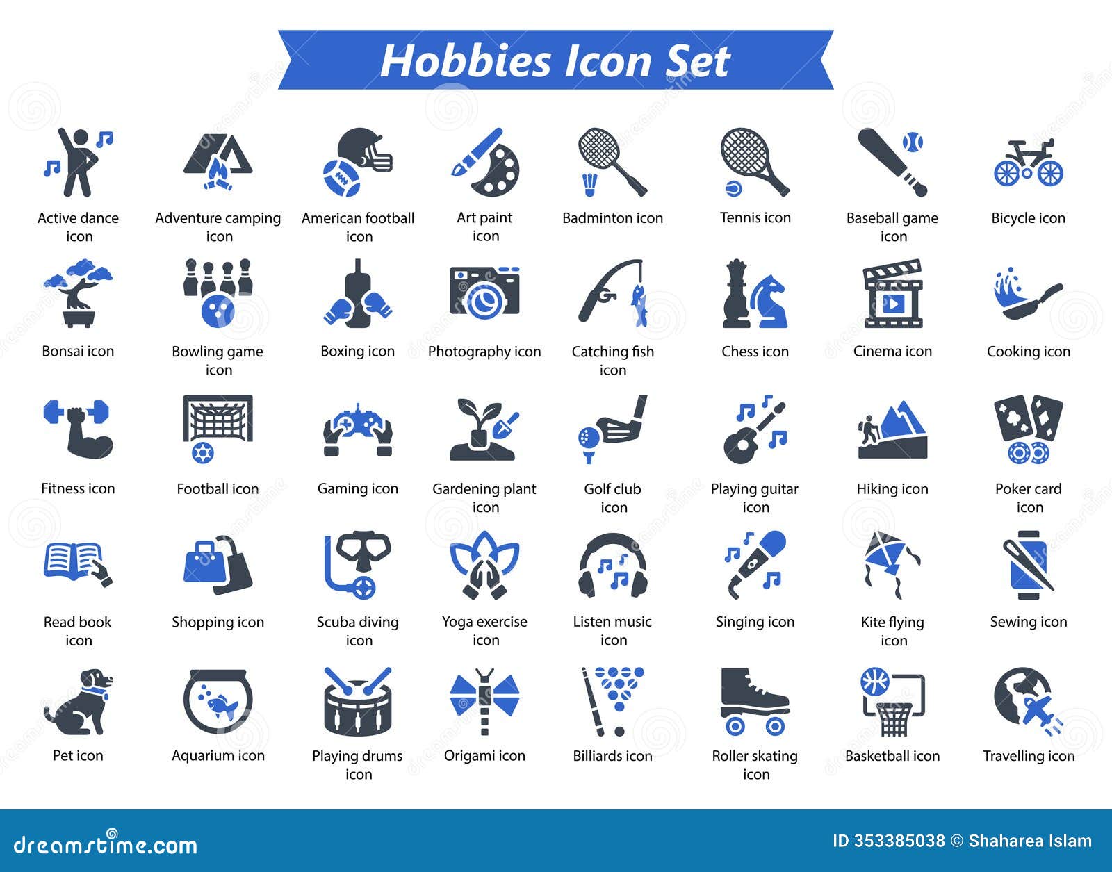 Hobbies Blue Icon Set stock vector. Illustration of game - 353385038