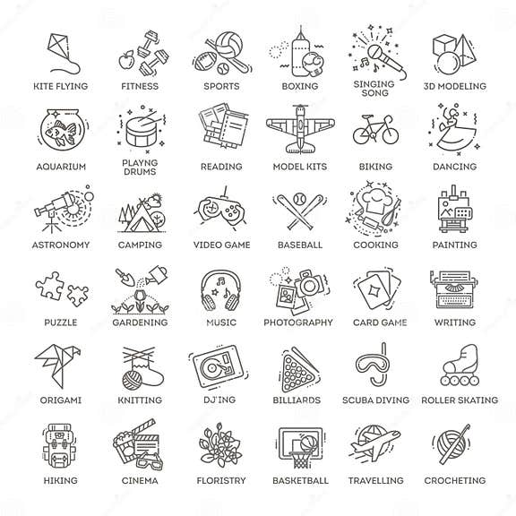 Hobbies and Interest Detailed Line Icons Set in Modern Line Icon Style ... Hobbies and Interest Detailed Line Icons Set in Modern Line Icon Style ...