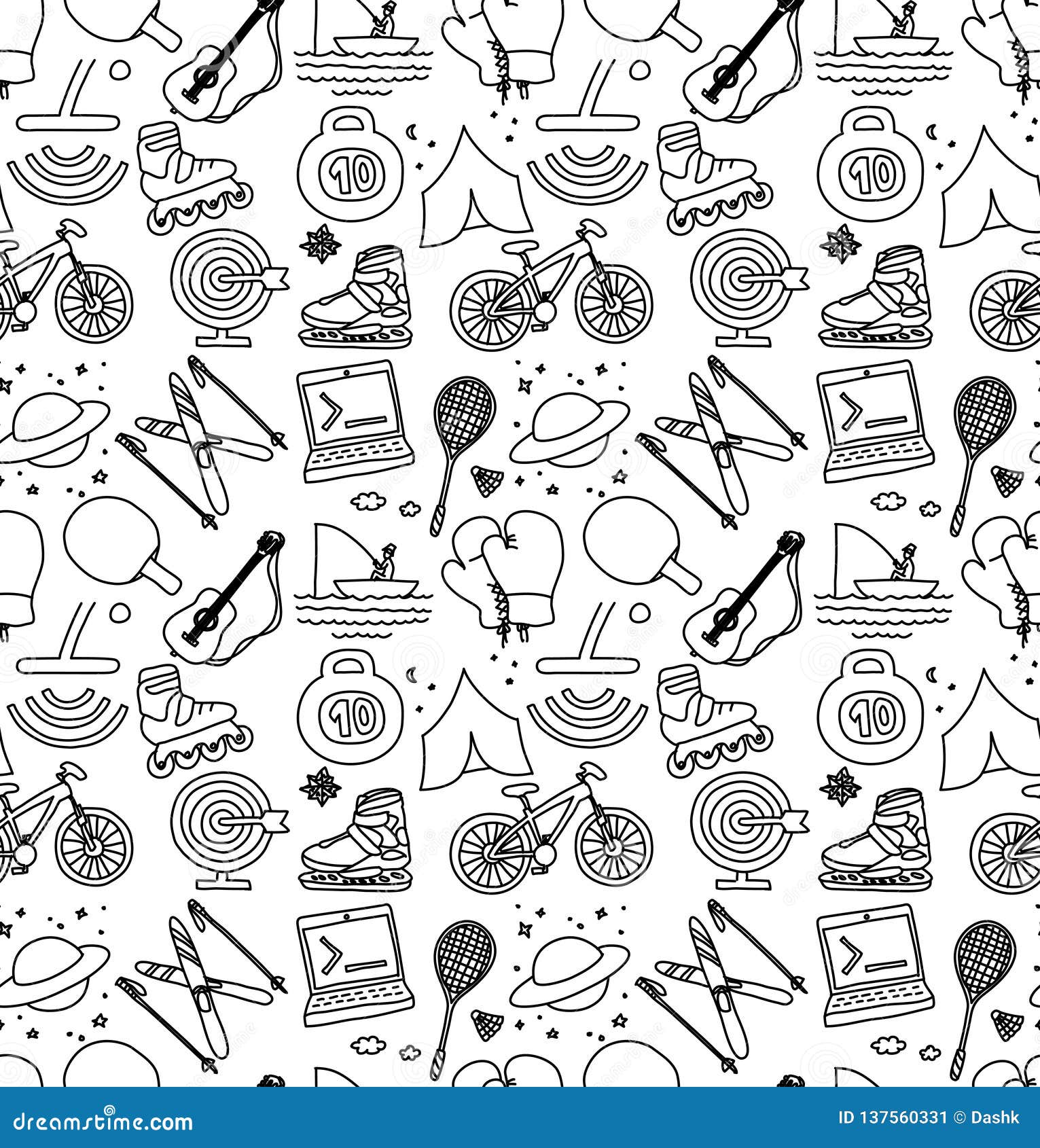 Hobbies Men Objects Sport Tourism Coding Monochrome Seamless Pattern ...